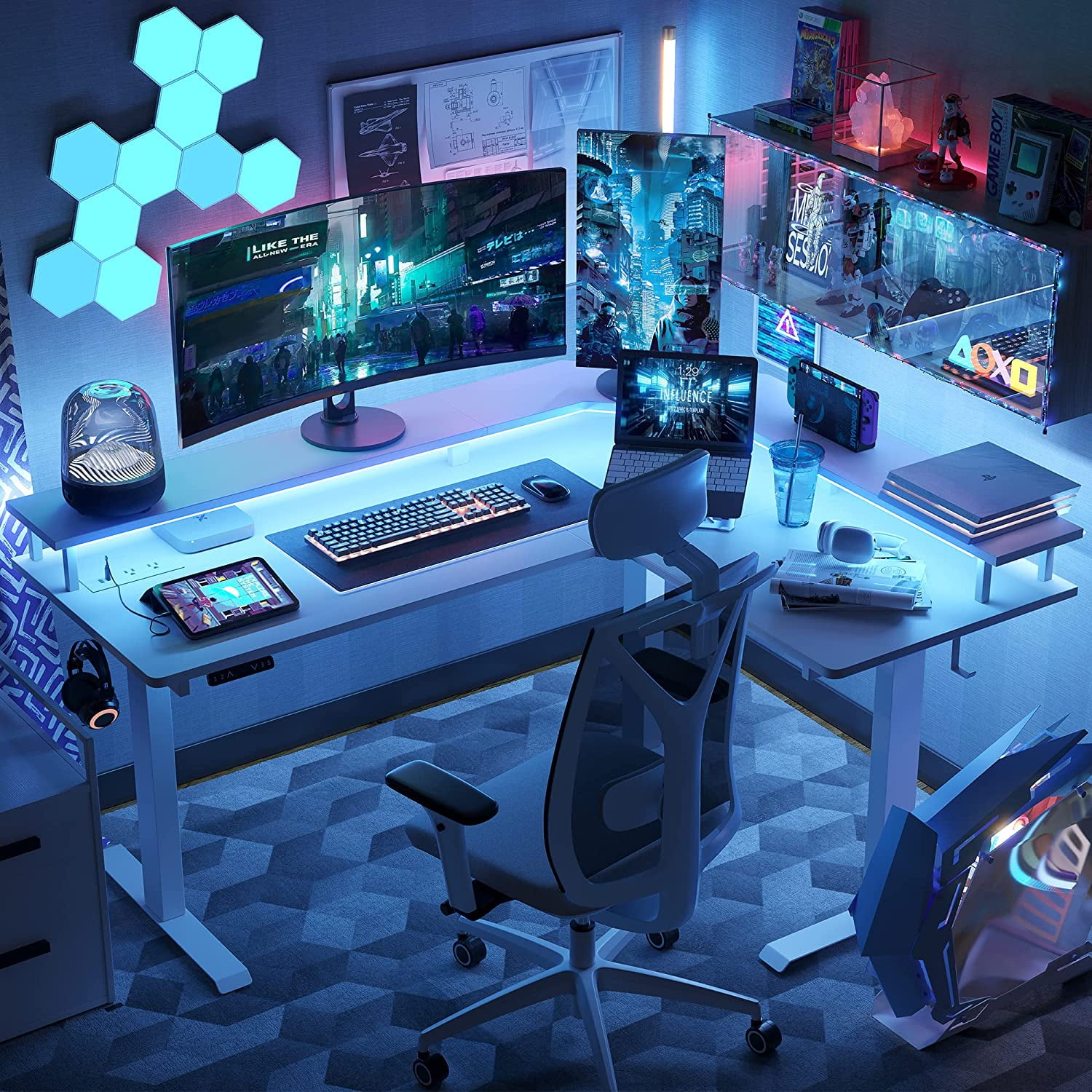 Triple Motor L Shaped Standing Desk with LED Strip & Power Outlets ...