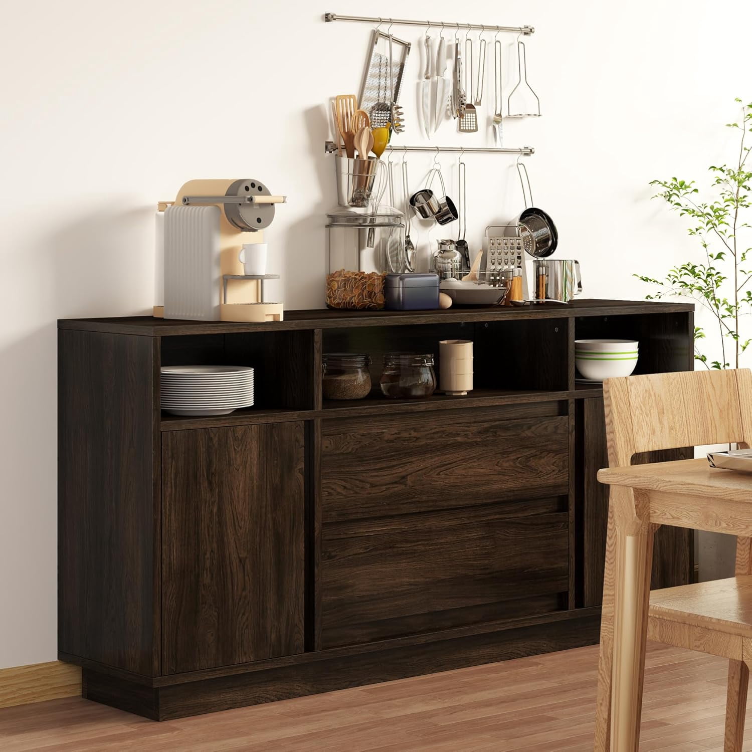 63" W Buffet Cabinet with Large Storage, Mid-Century Modern Kitchen ...