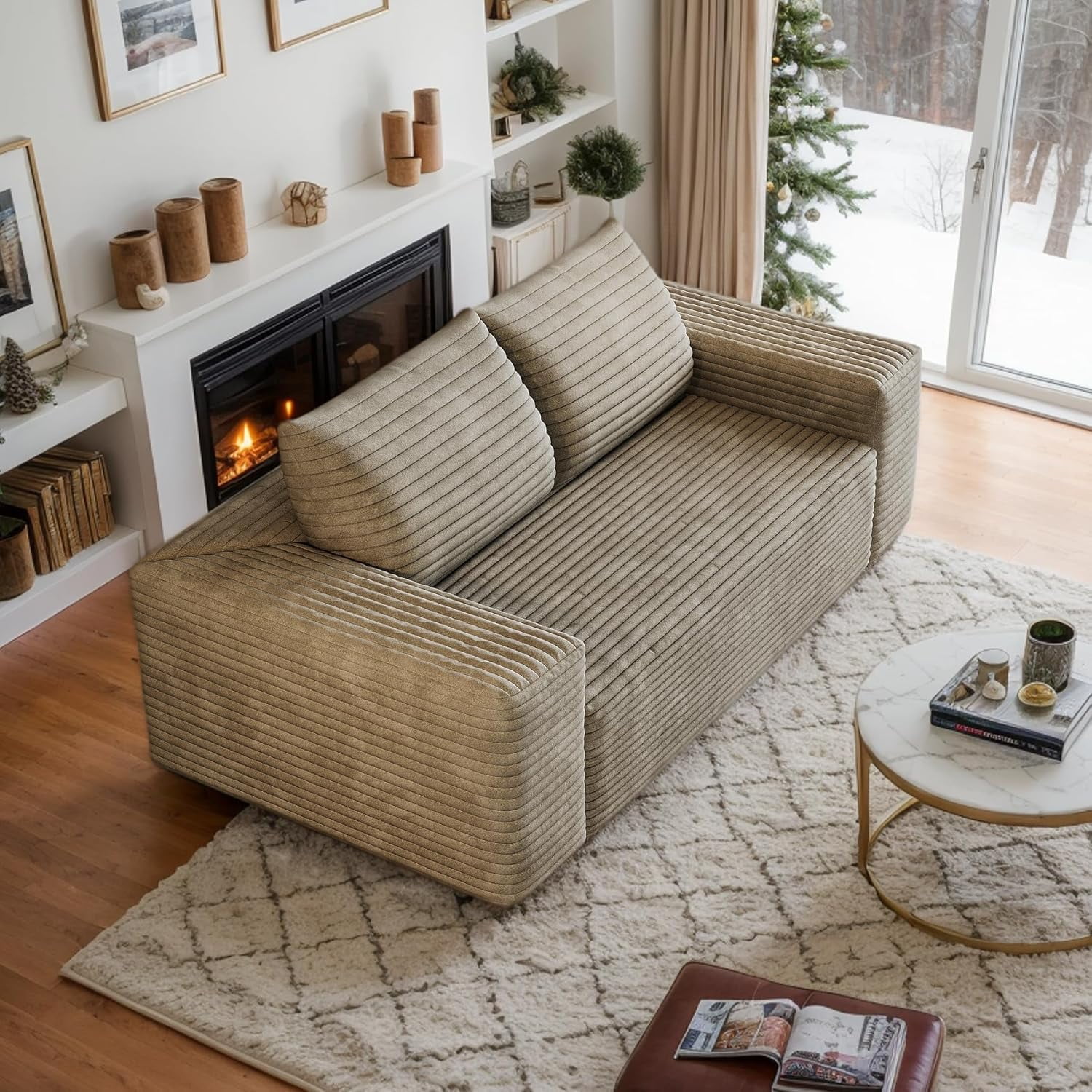 63" W Corduroy Boneless Couch, 2-Seater Compression Sofa with Deep Seat ...