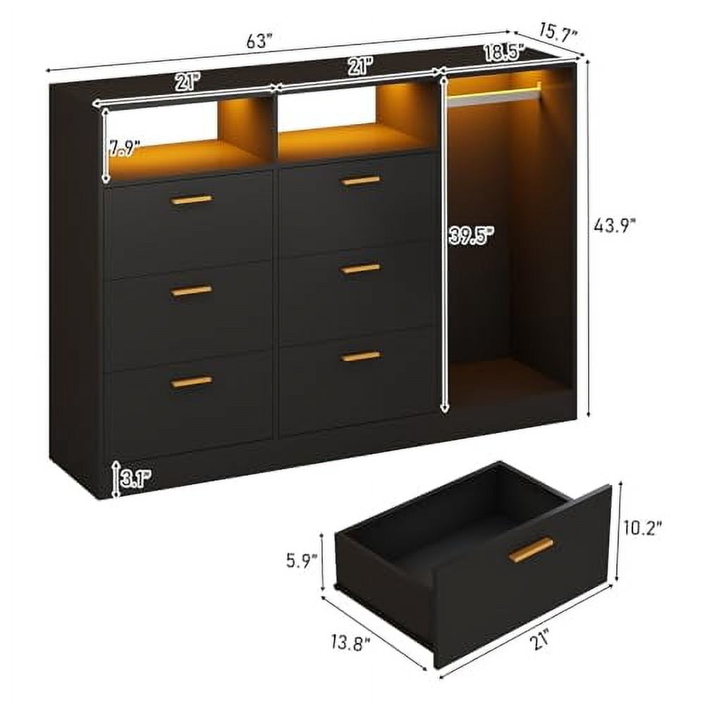 63" W Dresser for Bedroom with Hanging Rack & Shelves, Black 6 Drawers ...