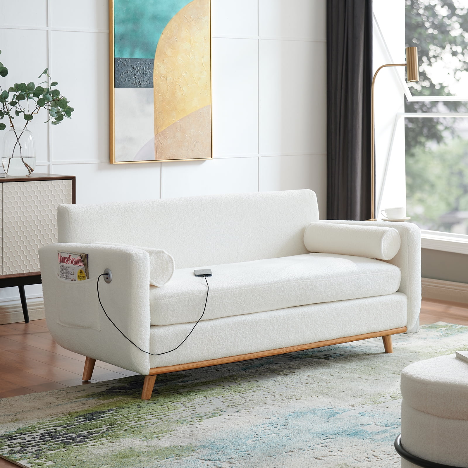63" W Loveseat Sofa, White Boucle Couch With Led Lights And Usb Ports ...