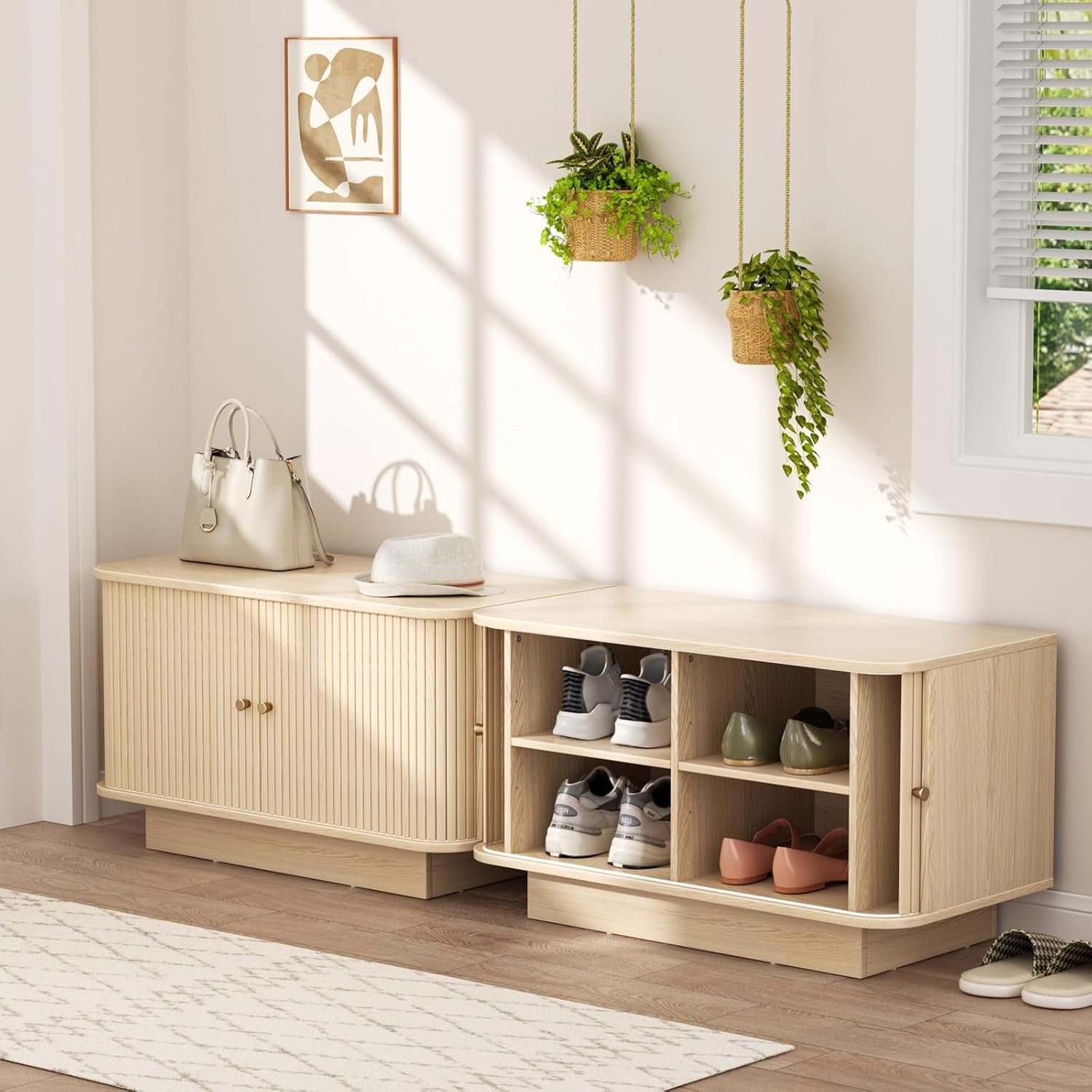 63" W Small Shoe Storage Bench, Shoe Bench Entryway with Sliding Doors ...
