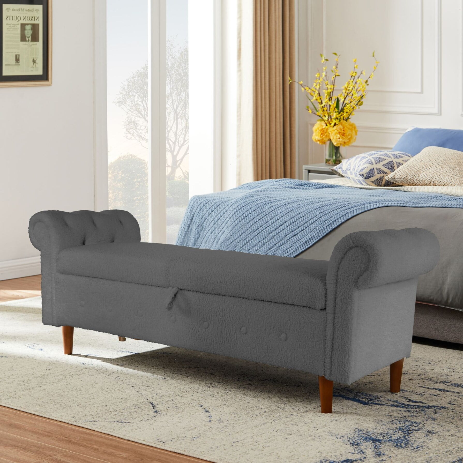 63''W Storage Ottoman Bench with Rolled Armrests, Long Foot Stool with ...