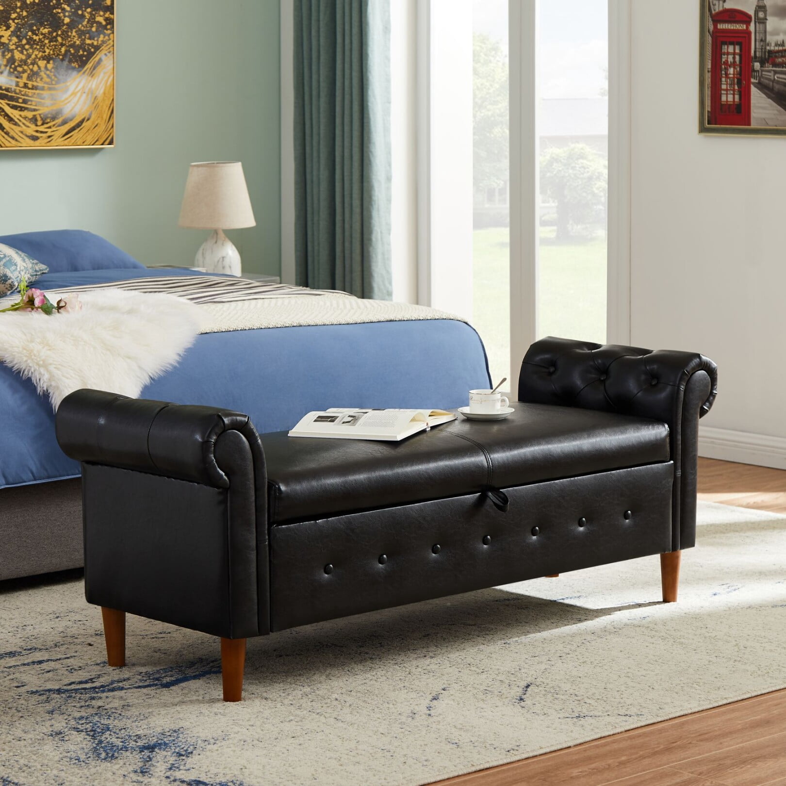 63''W Storage Ottoman Bench with Rolled Armrests, Long Foot Stool with ...