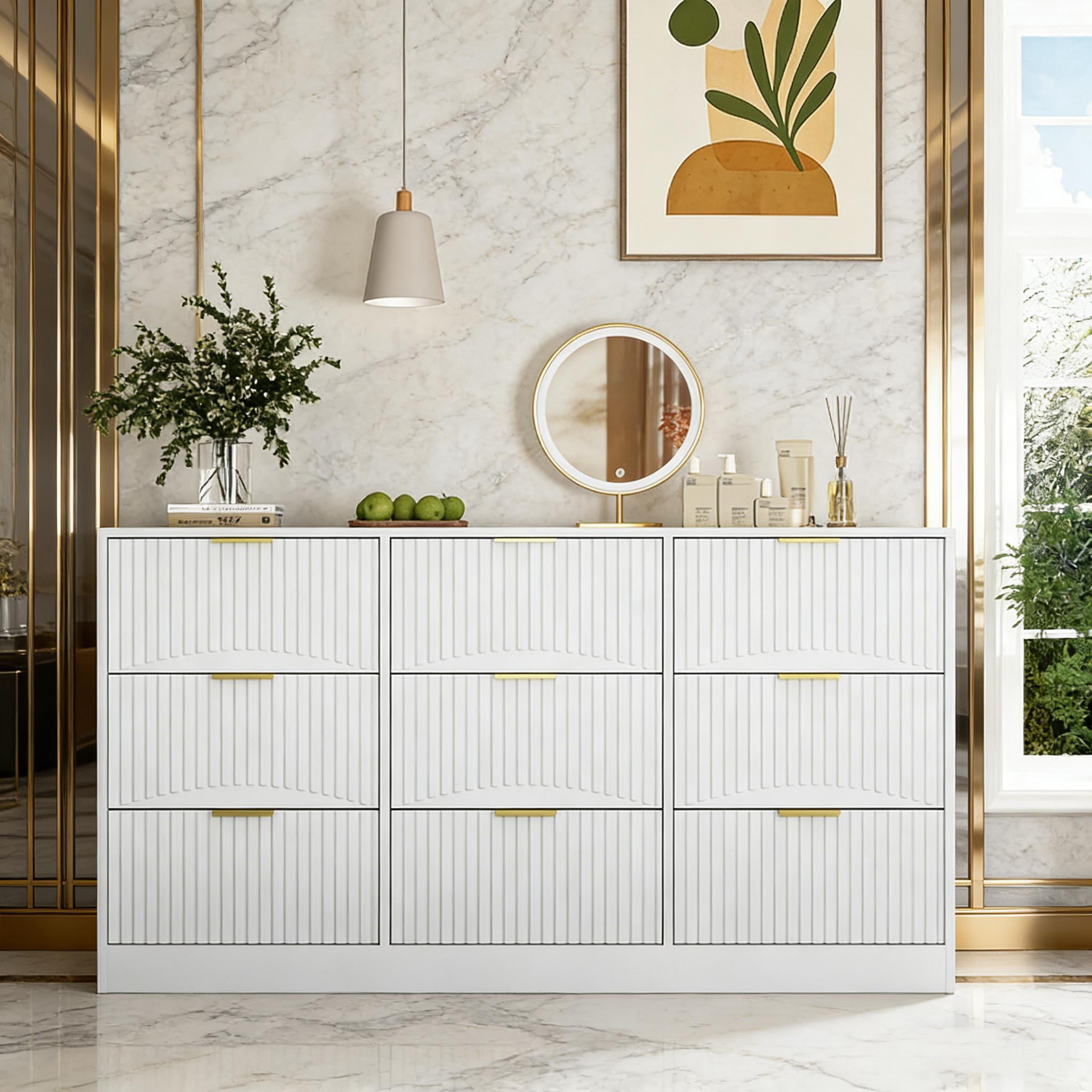 63" White 9-Drawer Dresser with Wavy Pattern Drawer Fronts, Large ...