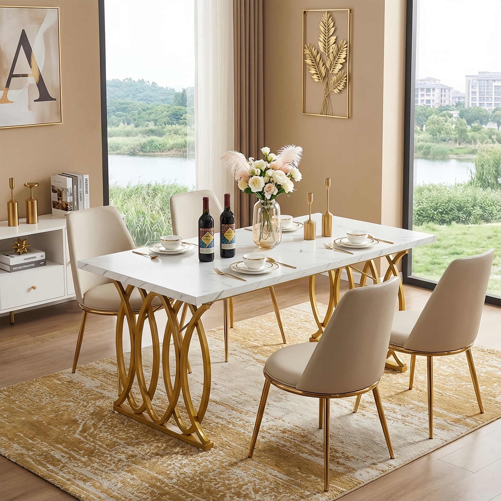 63" White And Gold Modern Dining Table, Faux Marble Tabletop Seats 4-6 ...