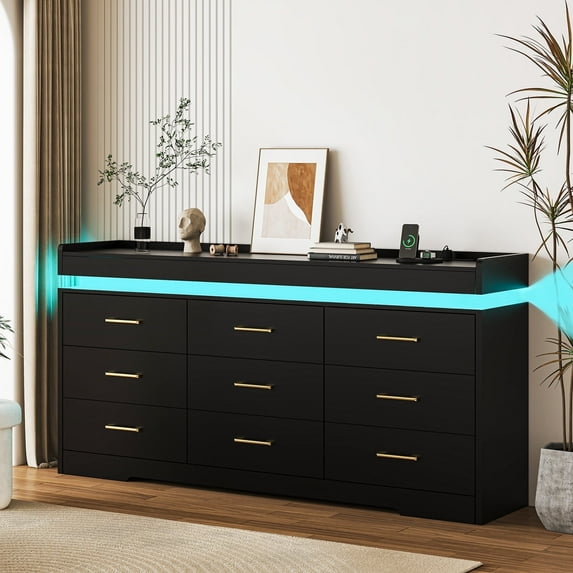 63'' Wide LED 9 Drawer Dresser with Charging Station, Black Modern ...
