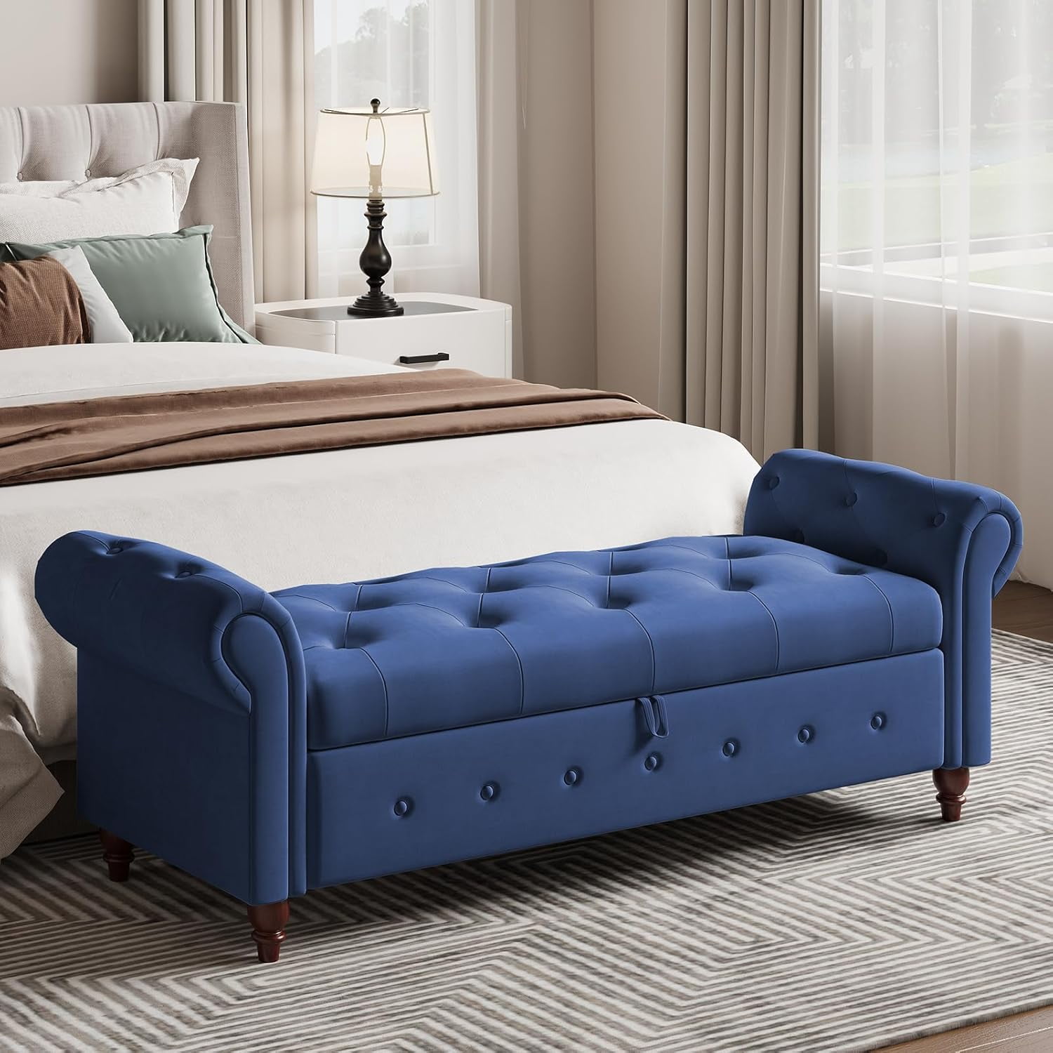 63" Wide Storage Bench, Polyester Upholstered End of Bed Bench with ...