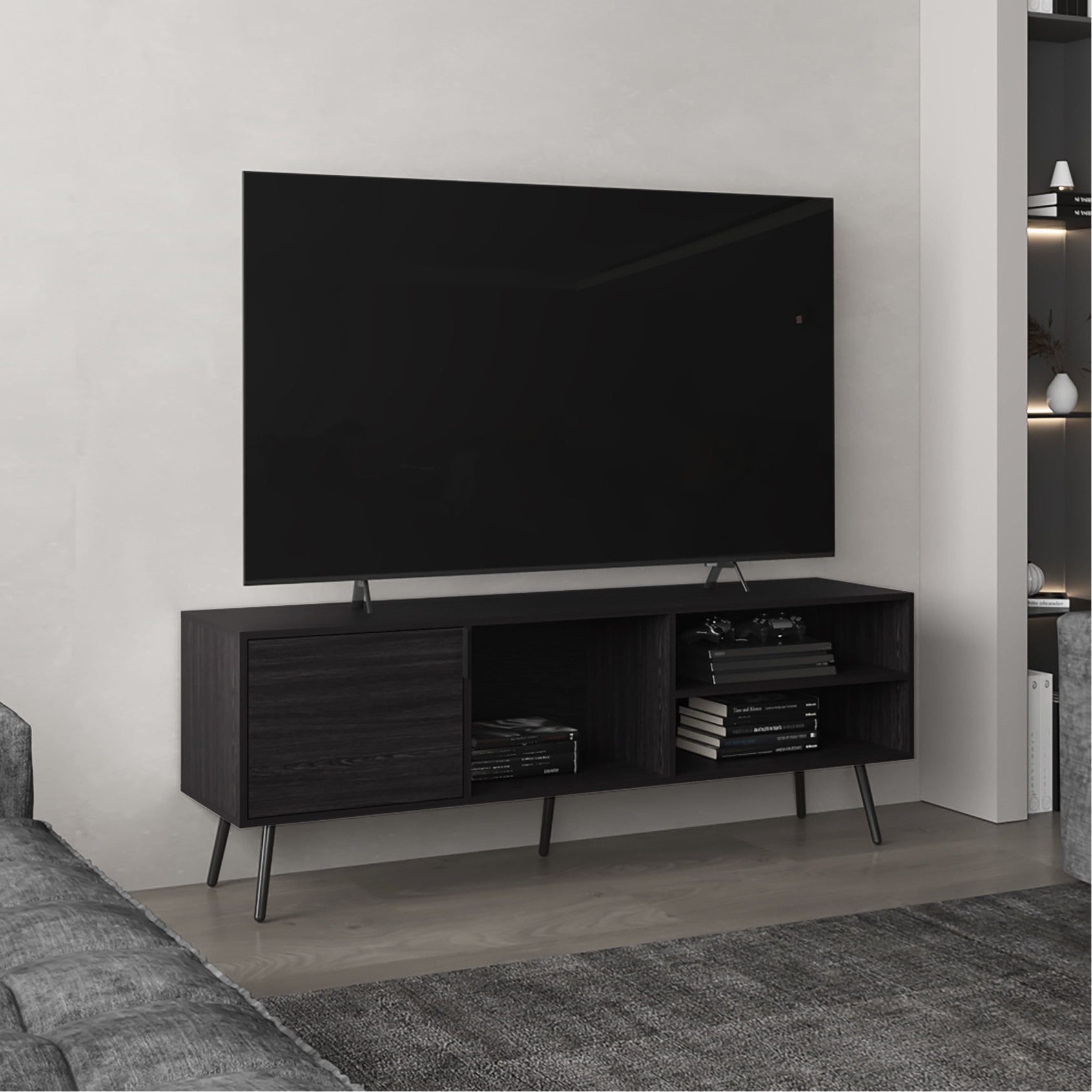 63" Wide TV Stand, Particle Board Material | Sturdy Design, Holds TVs ...