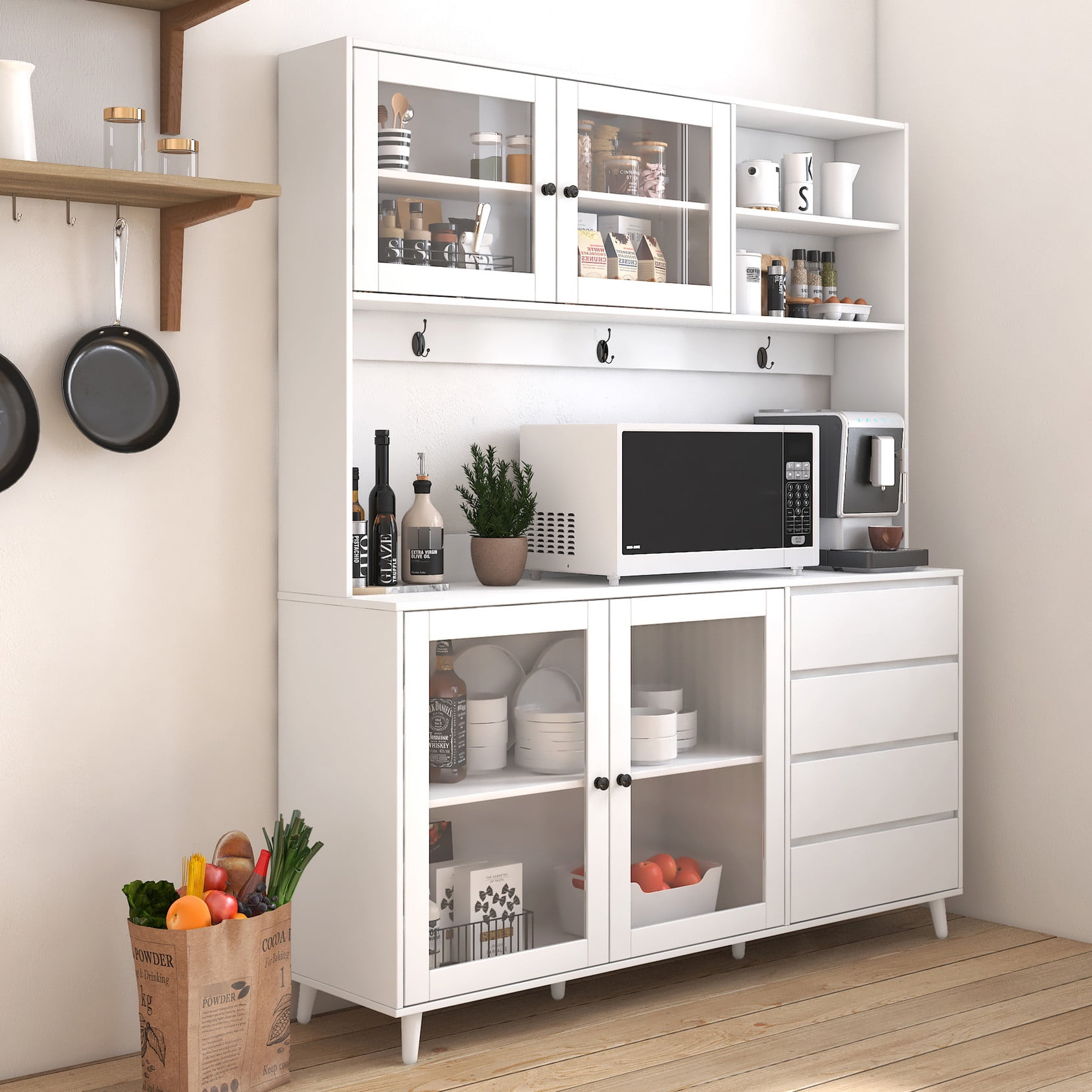 63" Wide White Cabinet | Multi-functional Kitchen Storage with Hooks ...