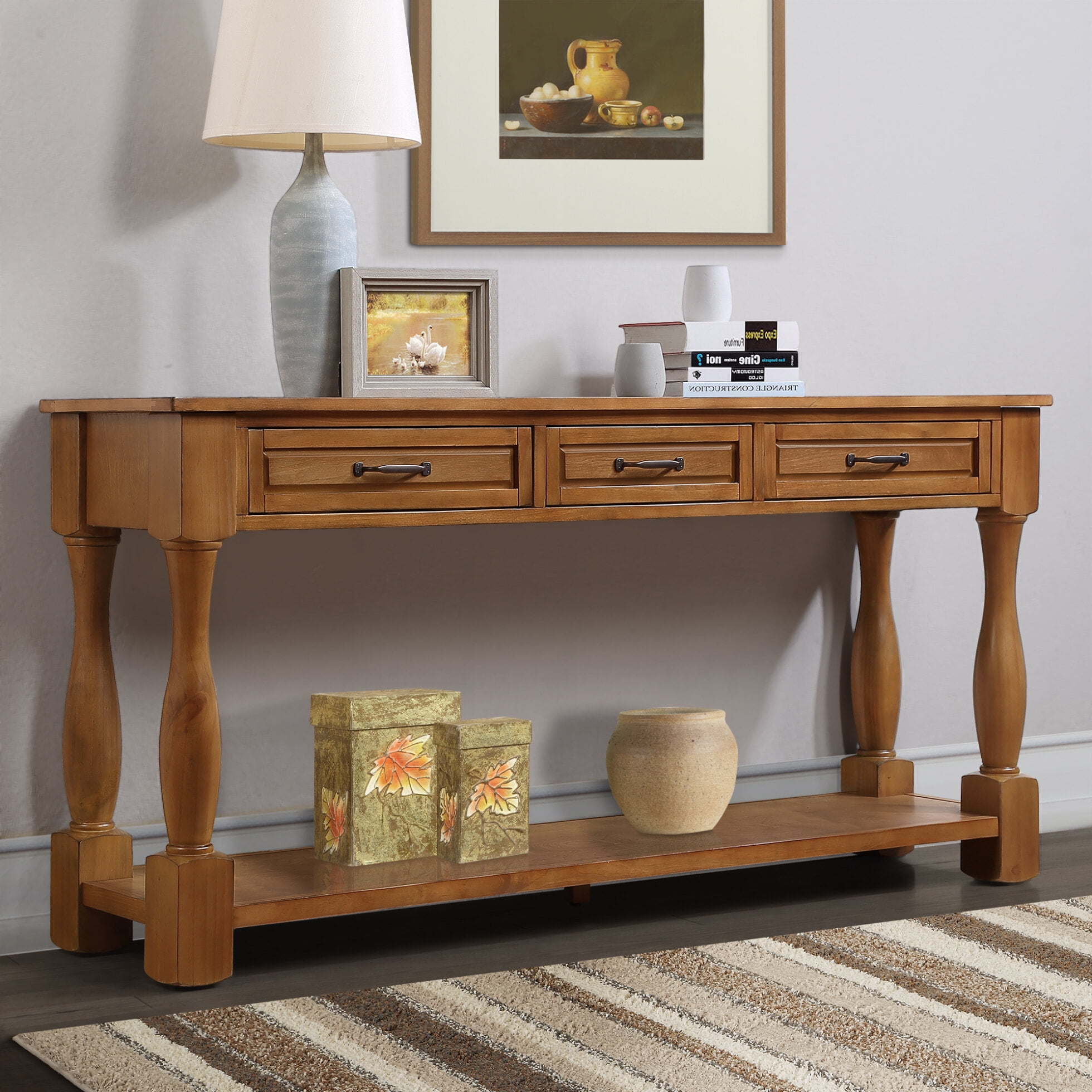 63" Wood Console Table, Modern Multi-Function Narrow Sofa Table with 3 ...