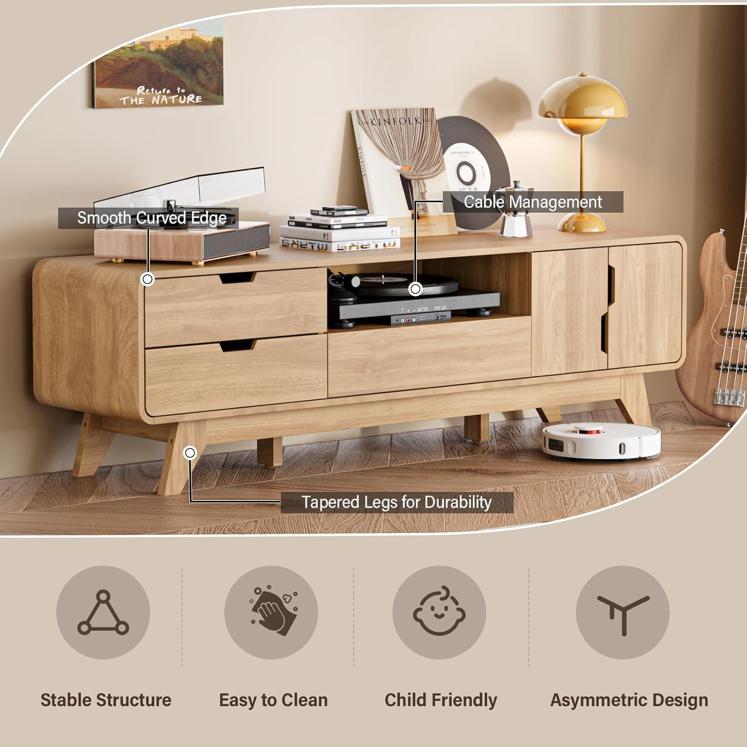 63" Wood TV Stand, Mid Century Modern TV Stands for TVs up to 70 inch ...