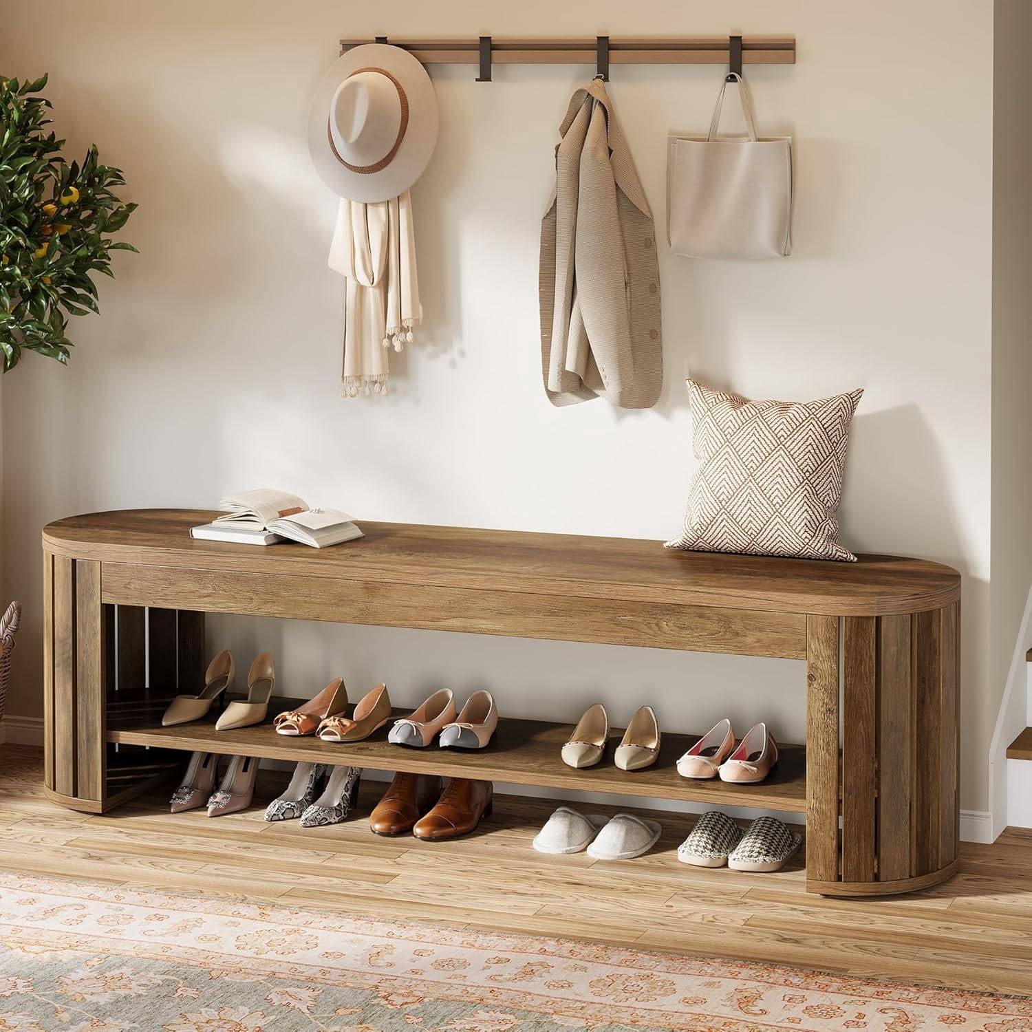 63" Wooden Entryway Shoe Bench with Open Lower Shelf, Vertical Slat ...