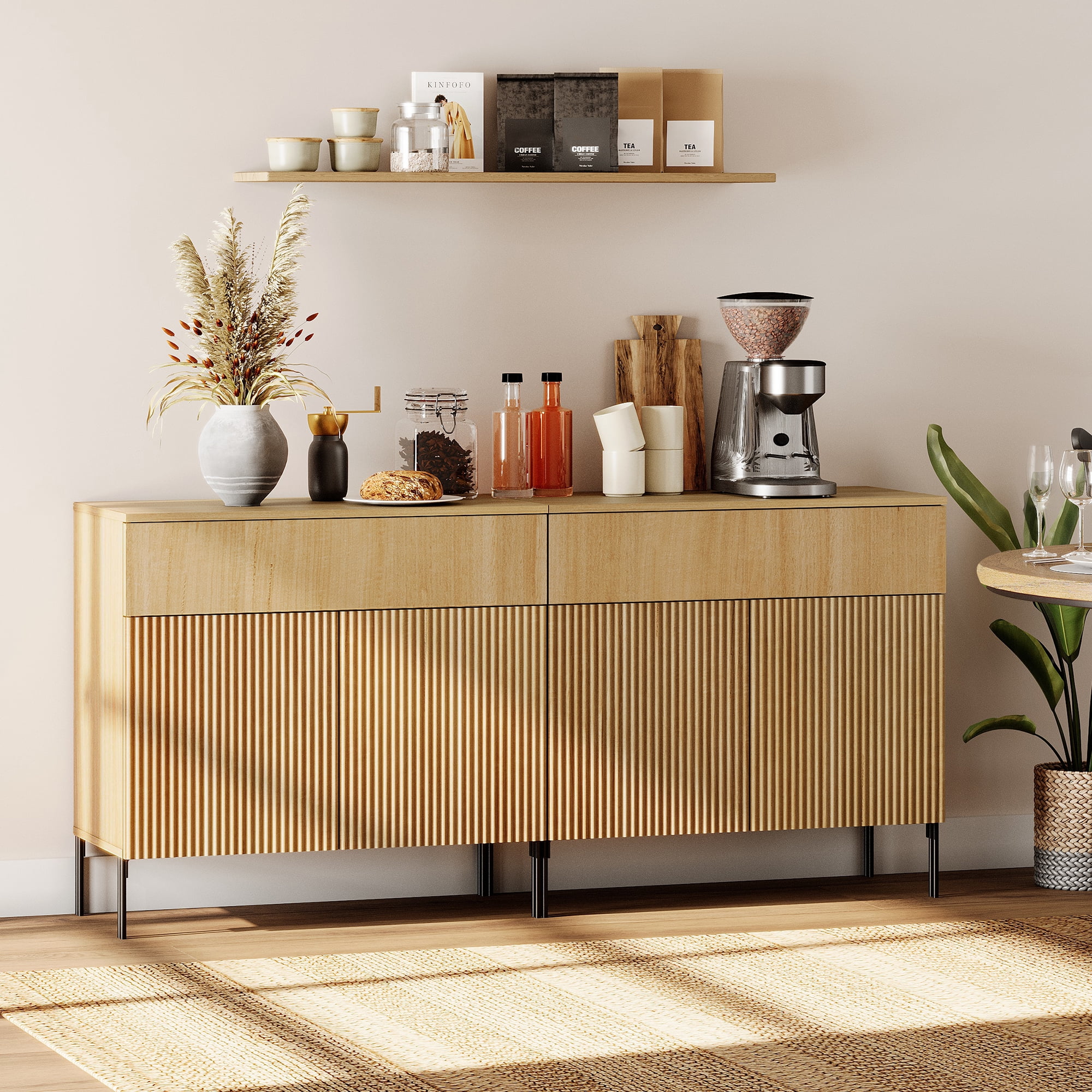 63" Wooden Reeded Sideboard with Doors and Drawers, 2-In-1 Modern ...