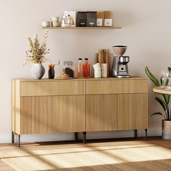 63" Wooden Reeded Sideboard with Doors and Drawers, 2-In-1 Modern ...