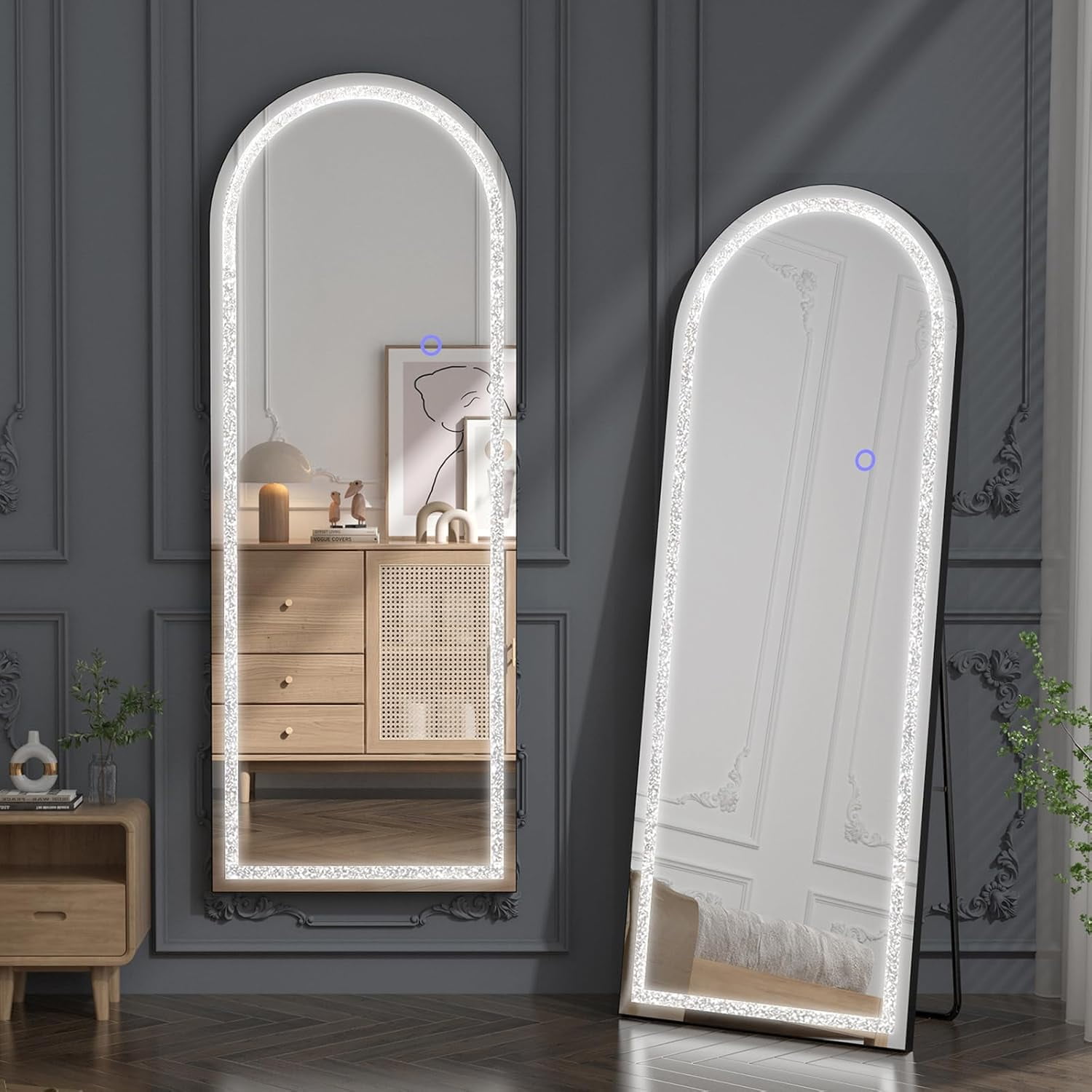 63"X 20" Full Length Mirror with Lights, Arch LED Diamond Floor Mirror ...