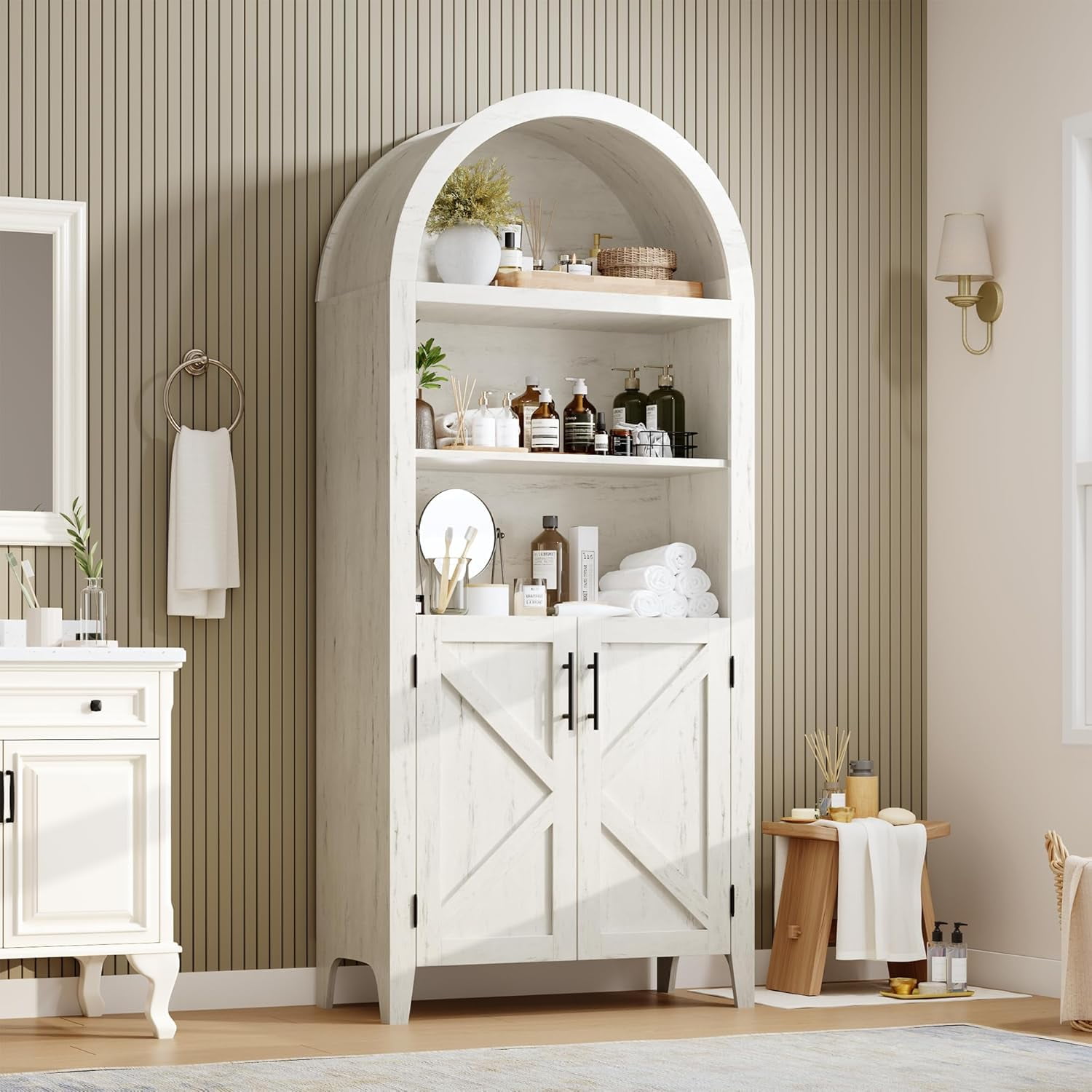 63 in Tall Wood Arched Bookcase, 5-Tier Arched Bookcase with Doors ...
