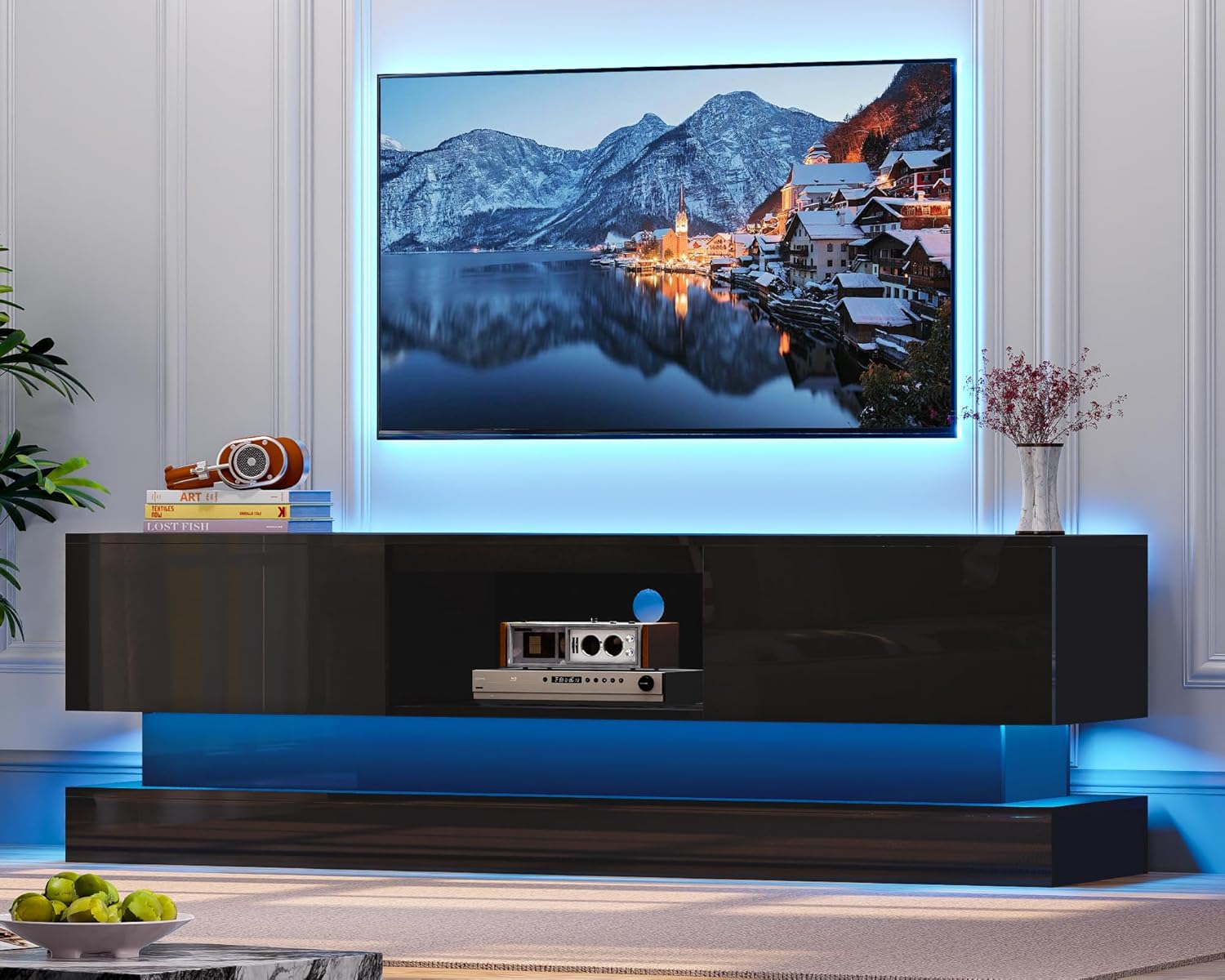 63 inch Black Modern High Gloss LED TV Stand with Side Panels for 50 55 ...