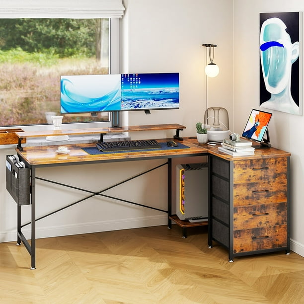 63 inch Corner Computer Desk with Power Outlets LED Lights Home Office Desk with 4 Tier Drawer Storage Shelf Ergonomic Gaming Desk with Monitor Stand Vintage Walmart Business Supplies