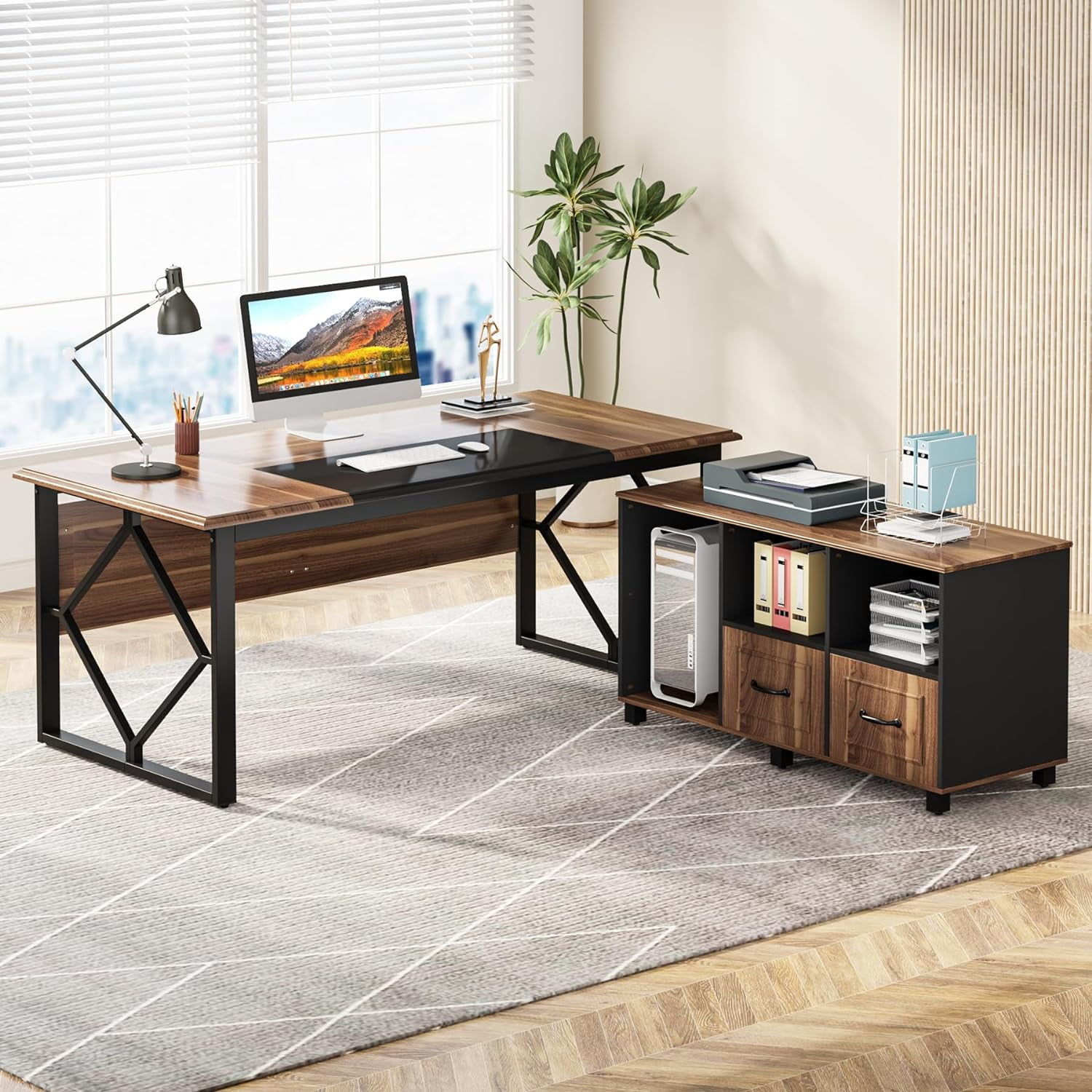 63 inch Large Executive Desk with File Cabinet, L-Shaped Computer Desk ...