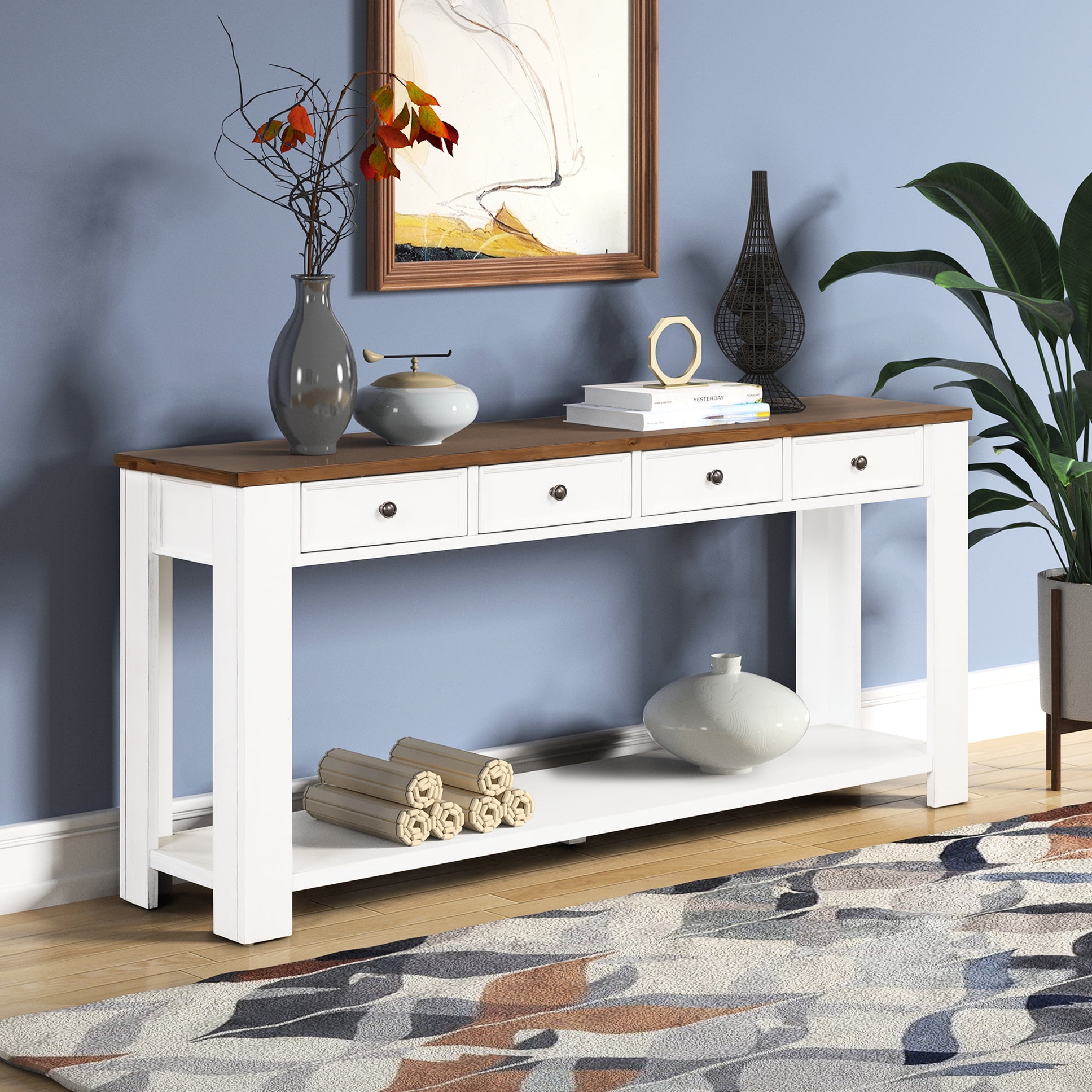 63-inch Long Console Table With 4 Drawers, Solid Wood, Antique White ...