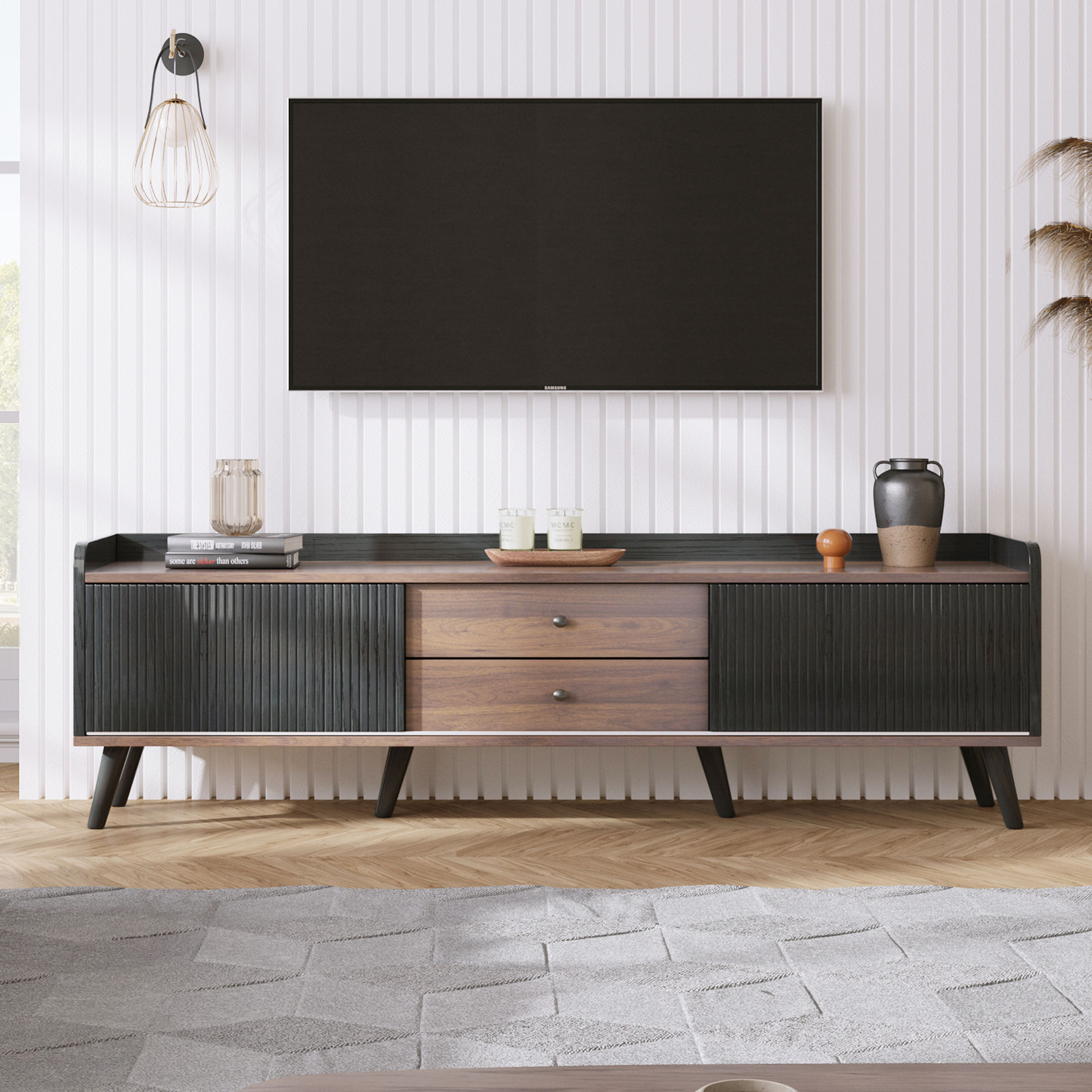 63-inch Mid-Century Modern TV Stand with Ample Storage for TVs up to 70 ...