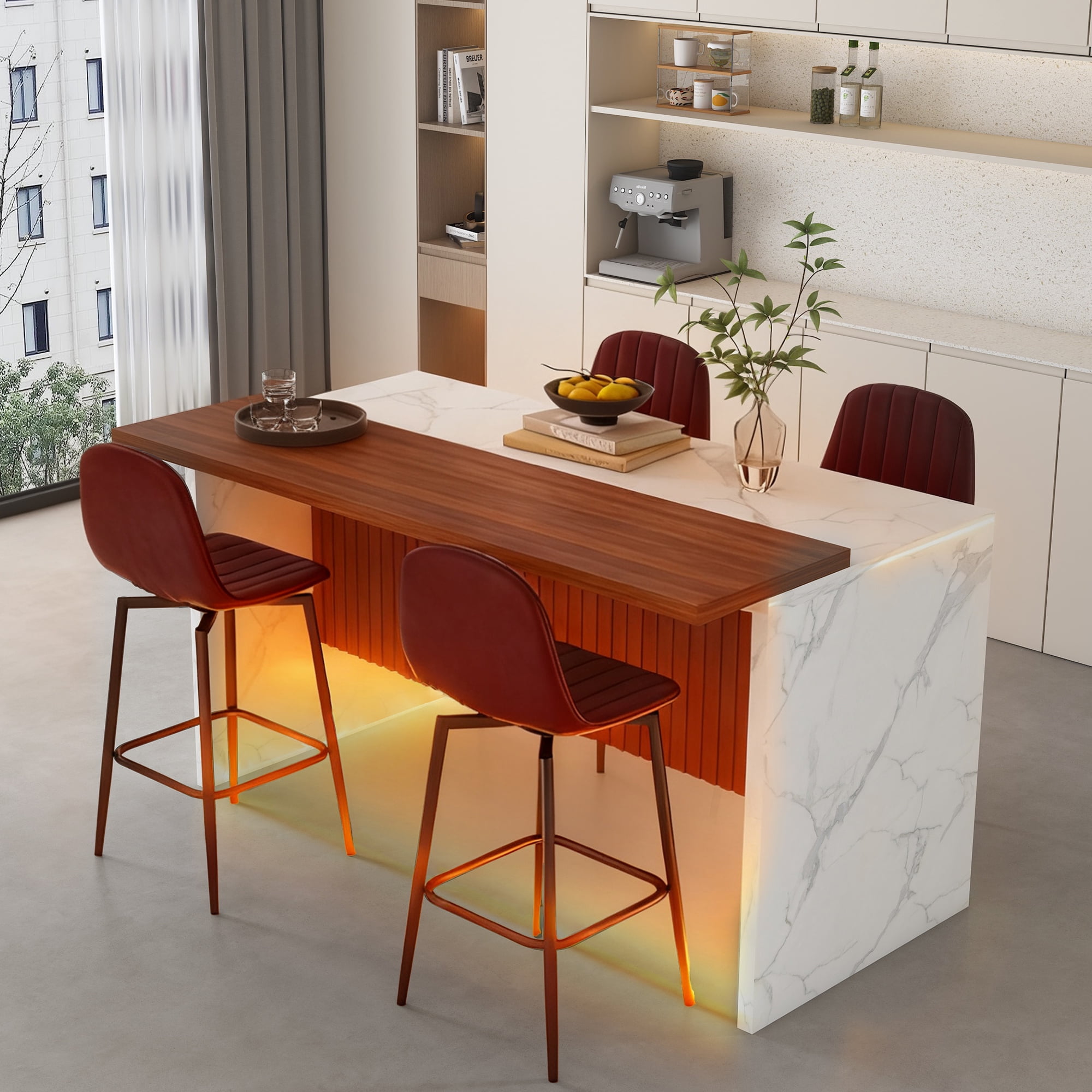 63-inch Modern Kitchen Island Set with 4 Dark Brown Bar Stools - White ...