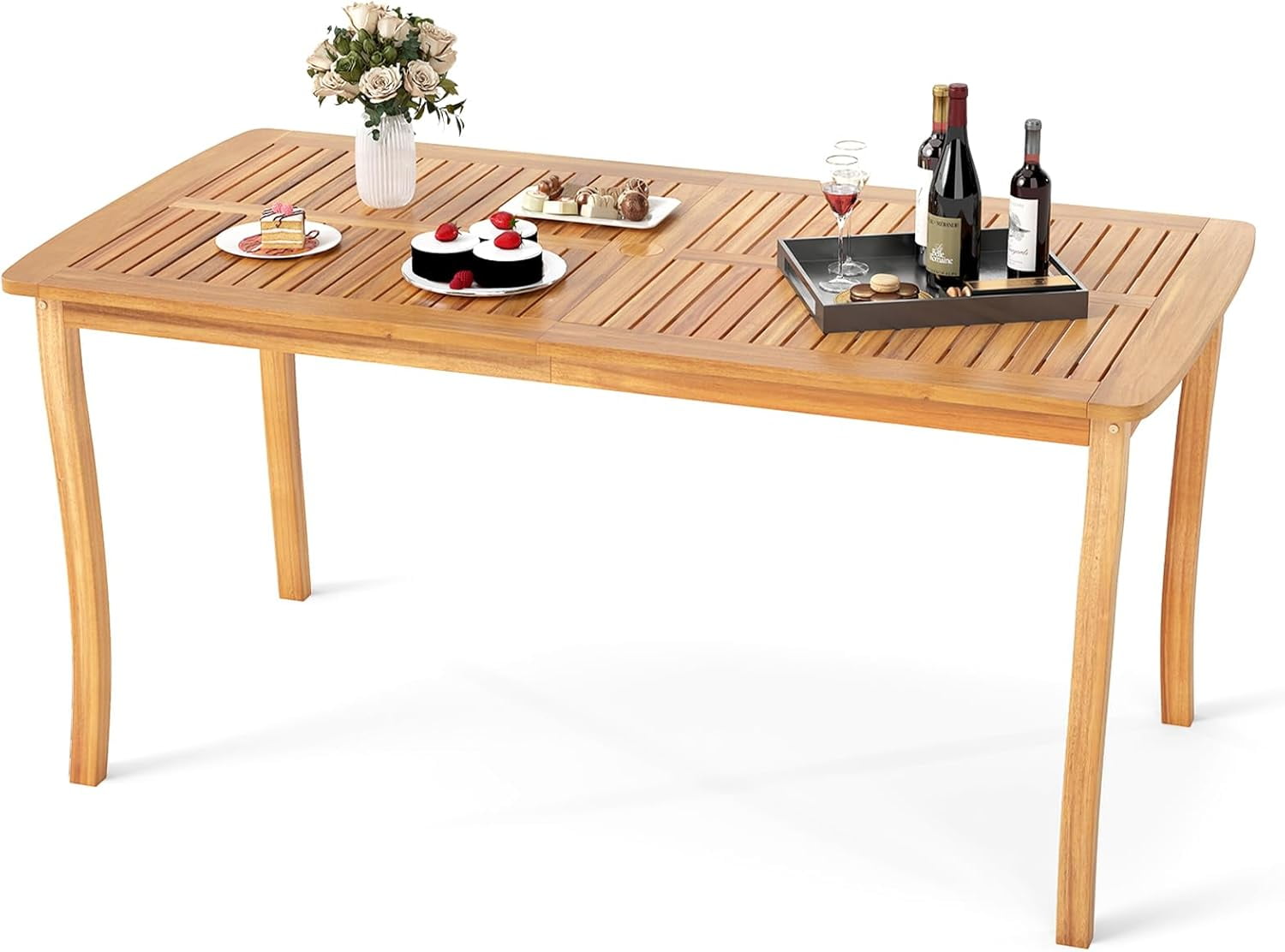 63 inch Outdoor Dining Table with Umbrella Hole, 4-6 People Rectangle ...