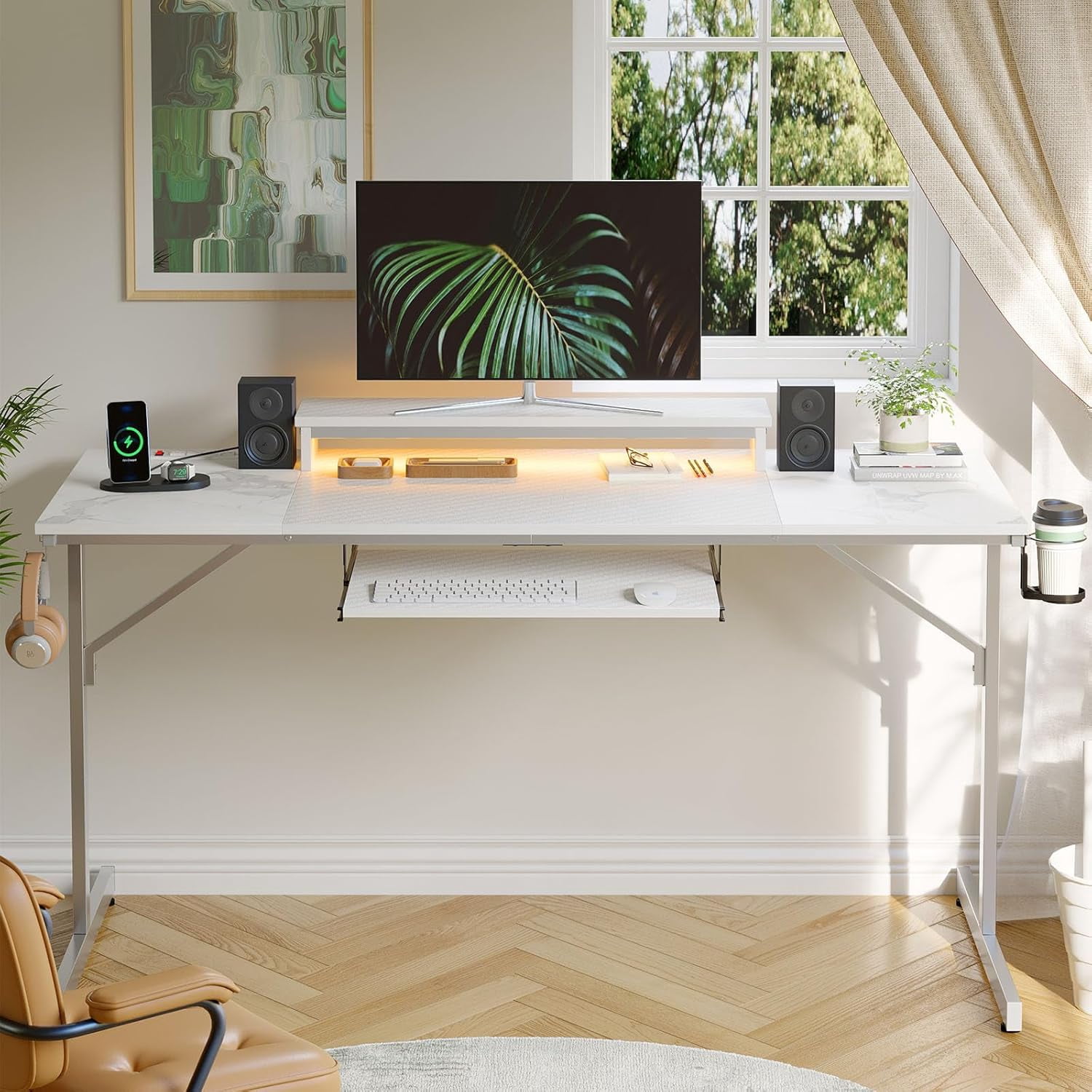 **63 inch gaming desk with led lights & power outlets computer desk with laptop stand & keyboard ...