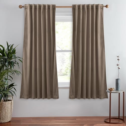63 inches Taupe Velvet Curtains- Room Darkening Solid Drapes Thermal ...