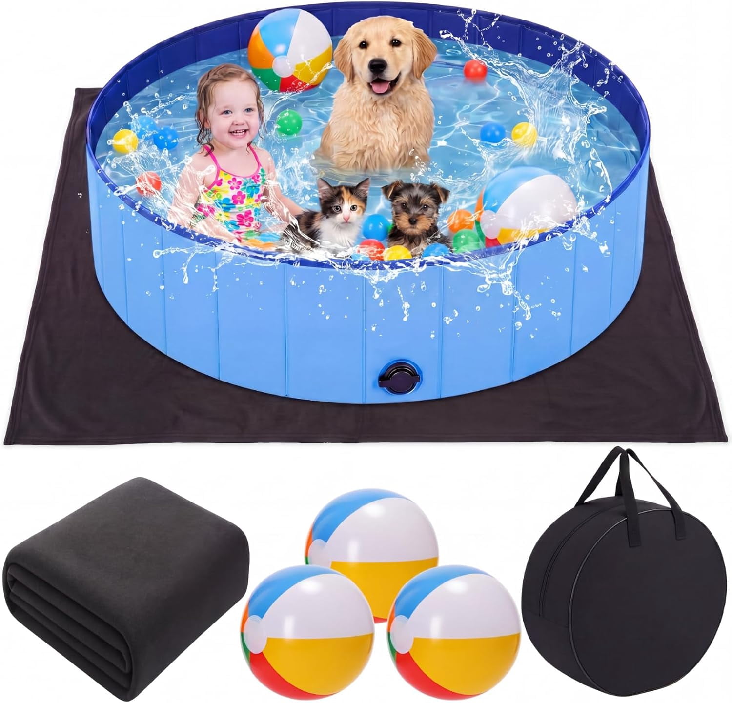 63 x 11 Inch Large Foldable Dog Pool with 1 Pool Liner Mat 3 Beach ...