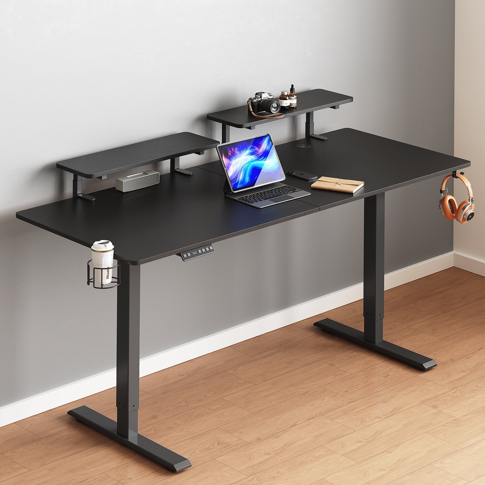 63 x 24 Inches Standing Desk with 2 Adjustable Monitor Shelves ...