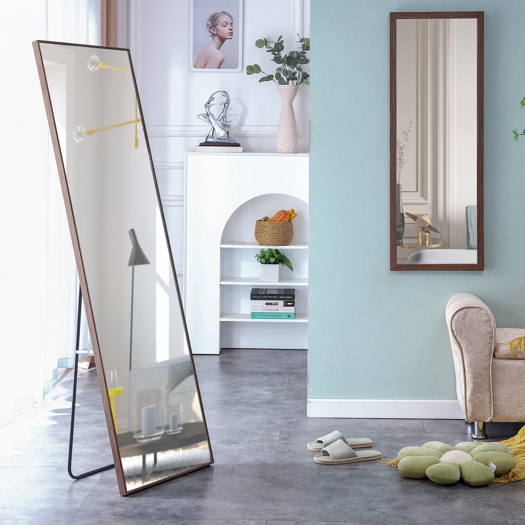 63"x19'' Full Length Mirror with Stand, Standing Hanging Mirror, Solid ...