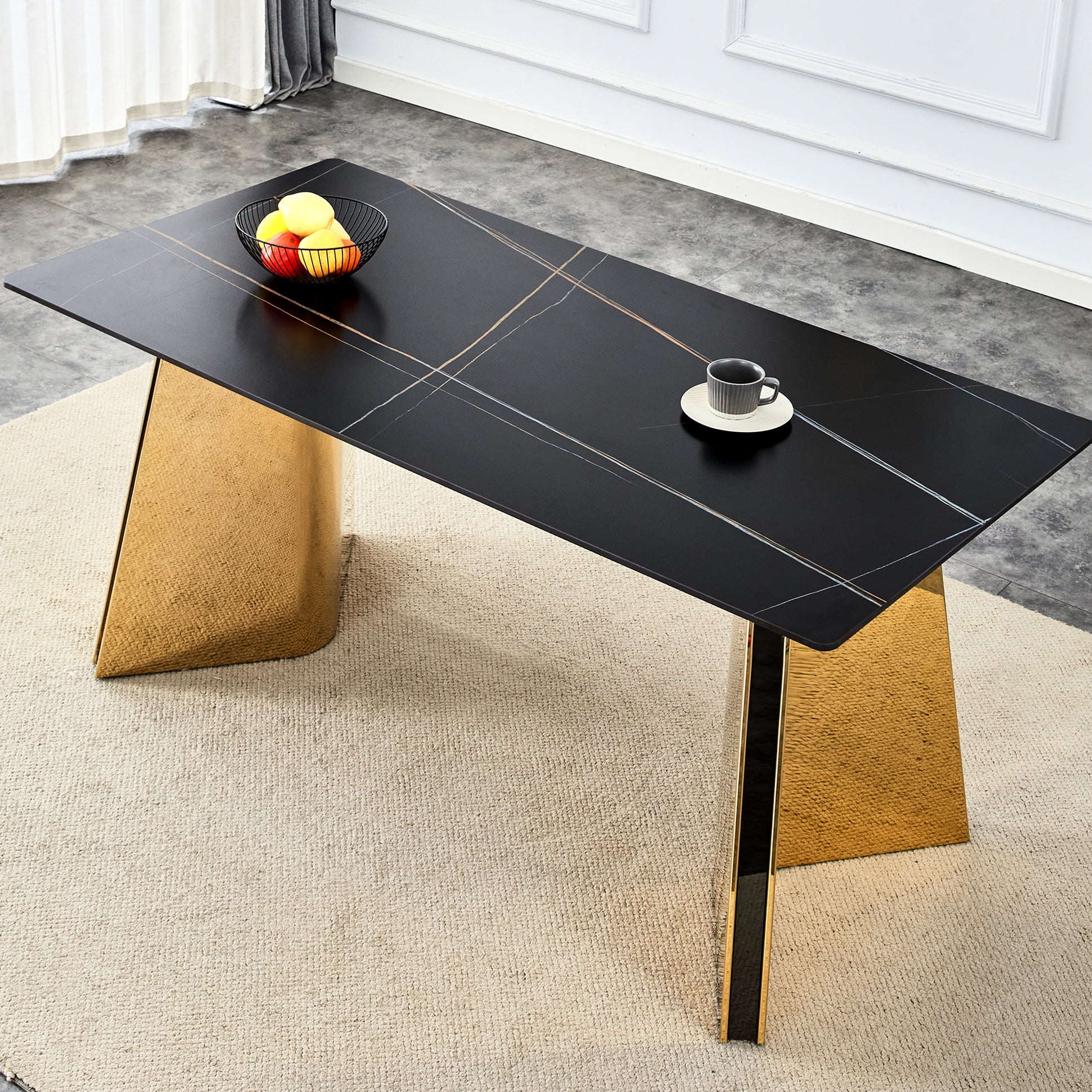 63"x31.5"x30" Black Marble- Entryway Table With Golden Stainless Steel ...