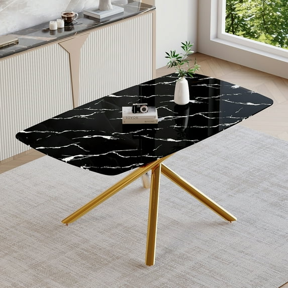 63"x35.4" Luxurious Black Marble-Patterned Tempered Glass Dining Table ...