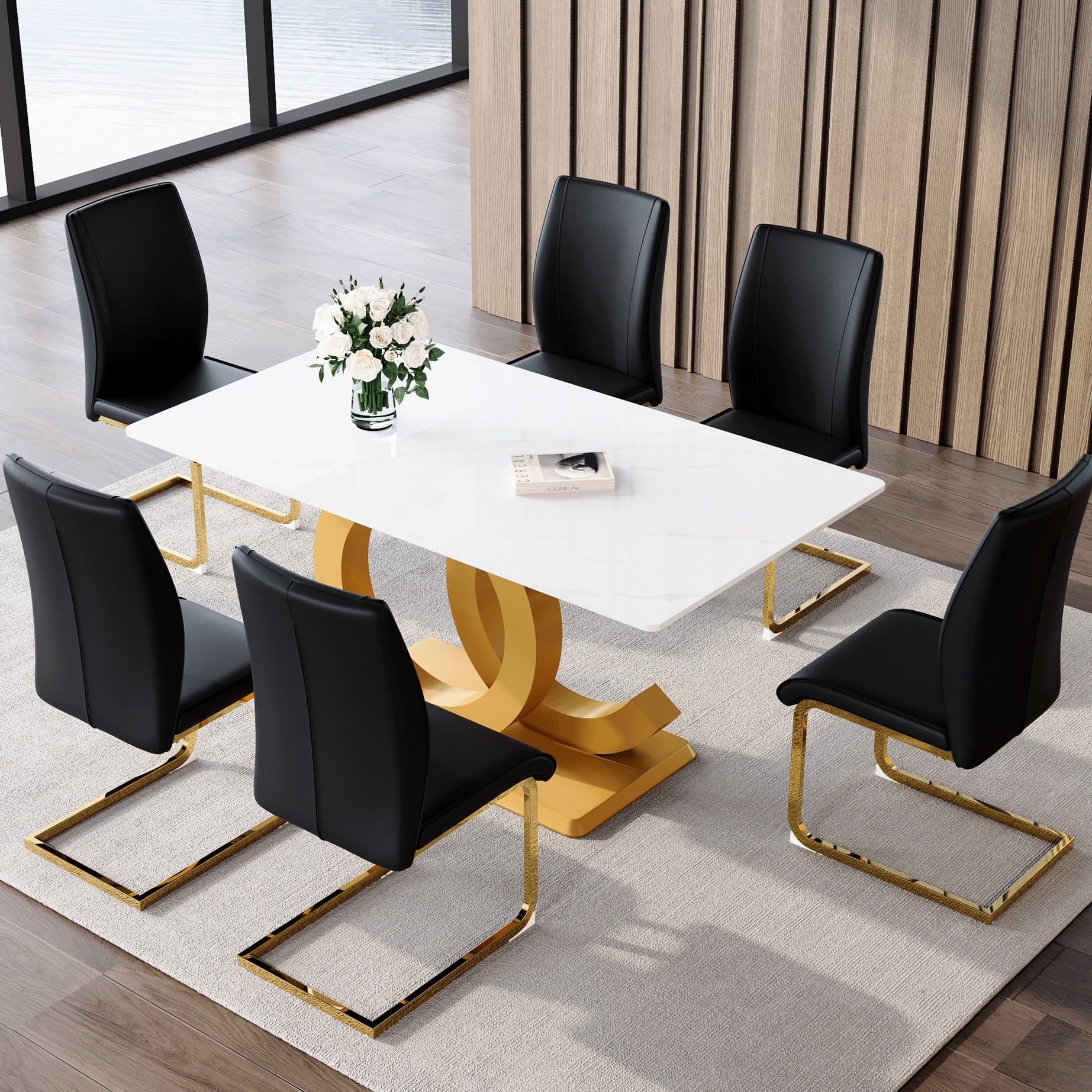 63"x35.4" Tempered Glass Dining : 6 Black Pu Chairs, White Marble ...