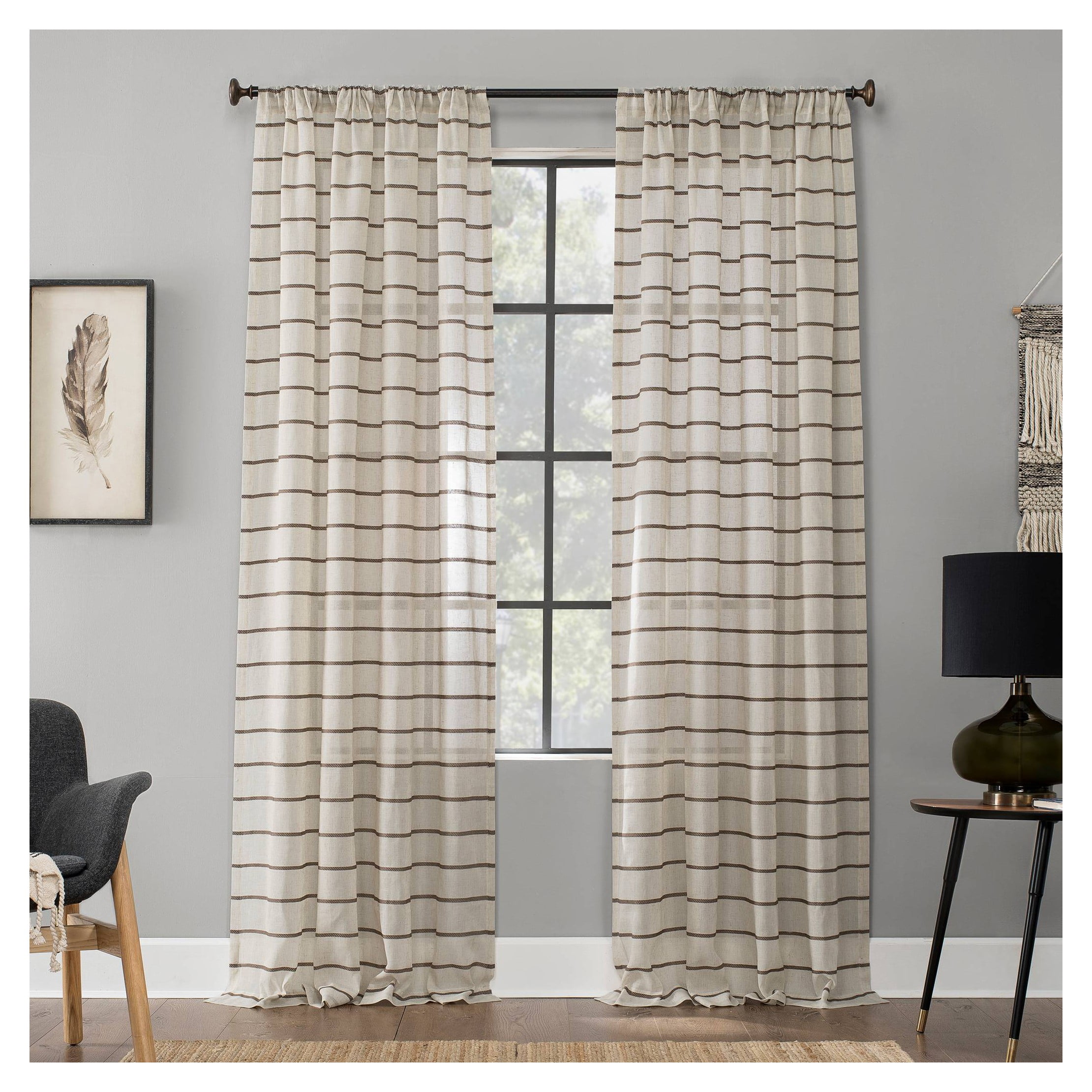 63"x52" Twill Stripe Anti-Dust Sheer Curtain Panel Light Brown: Modern ...