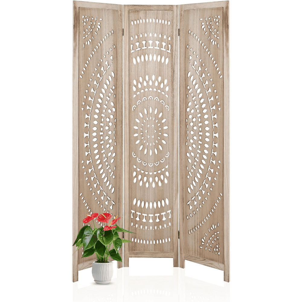 63"x67" Carved Wood Foldable Partition,4 Panel Room Divider Screen for ...