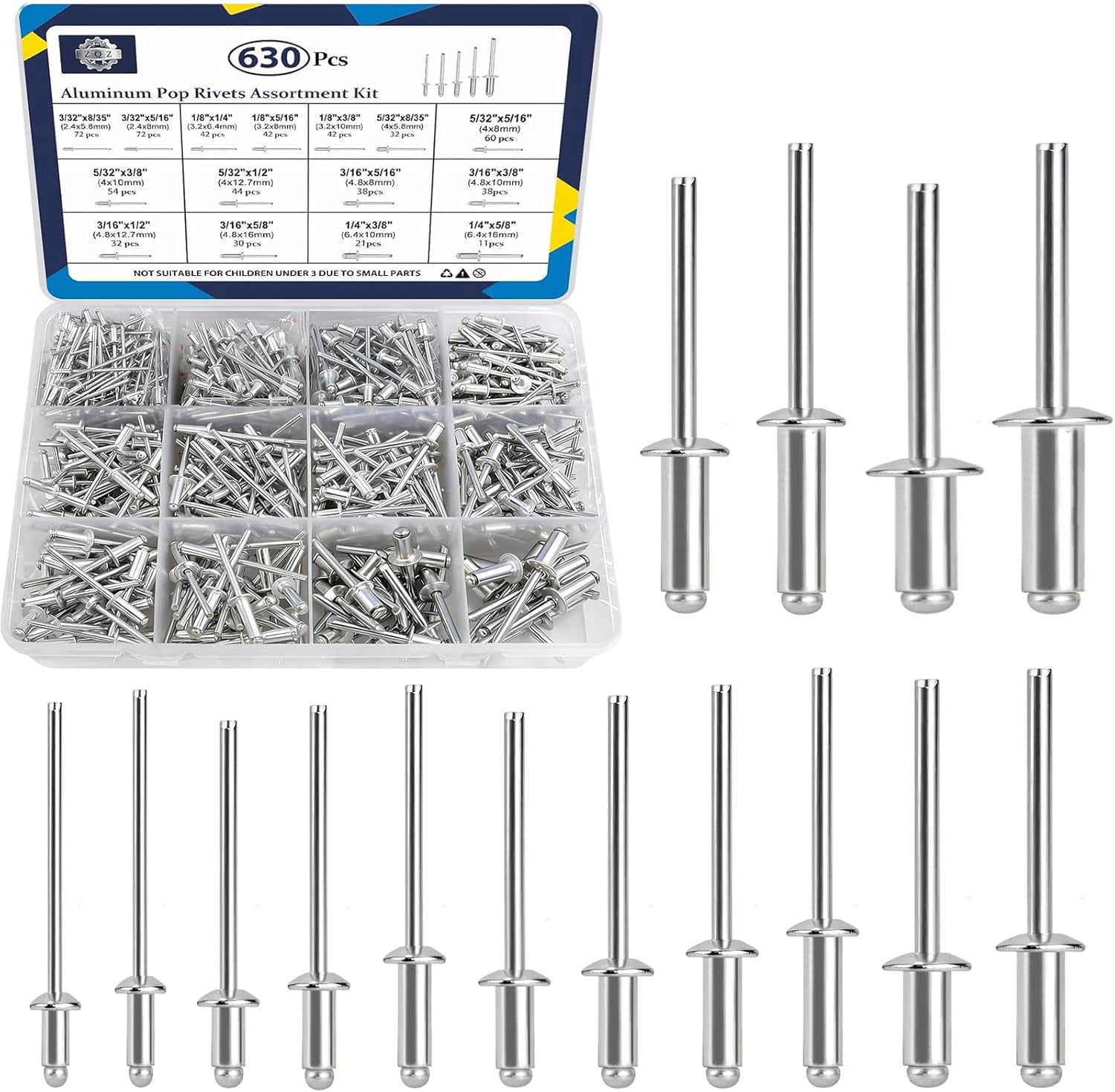 630Pcs Aluminum Pop Rivets Assortment Kit, 15 Sizes Silver Pop Rivets ...