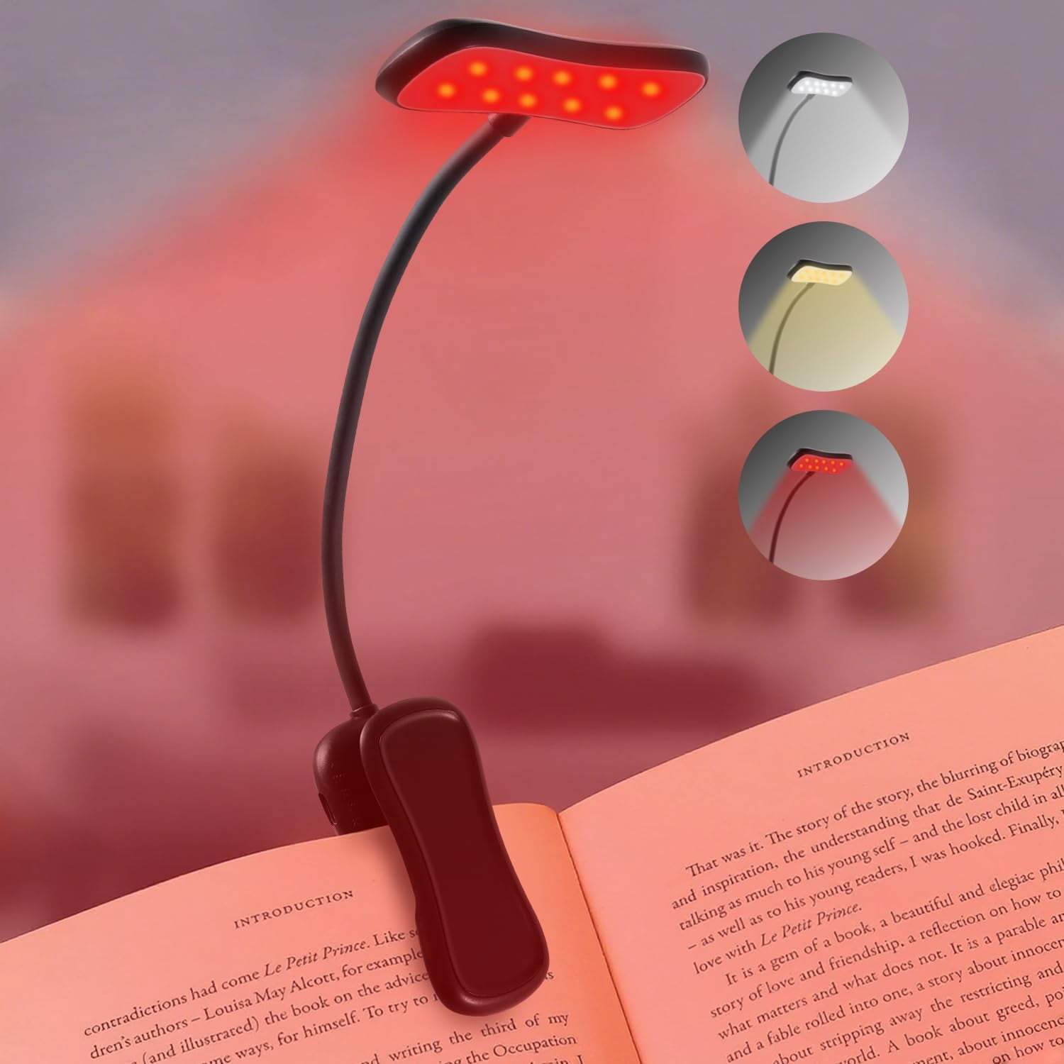 630nm Red Book Light - Zero Blue Light, Rechargeable Clip On Red ...