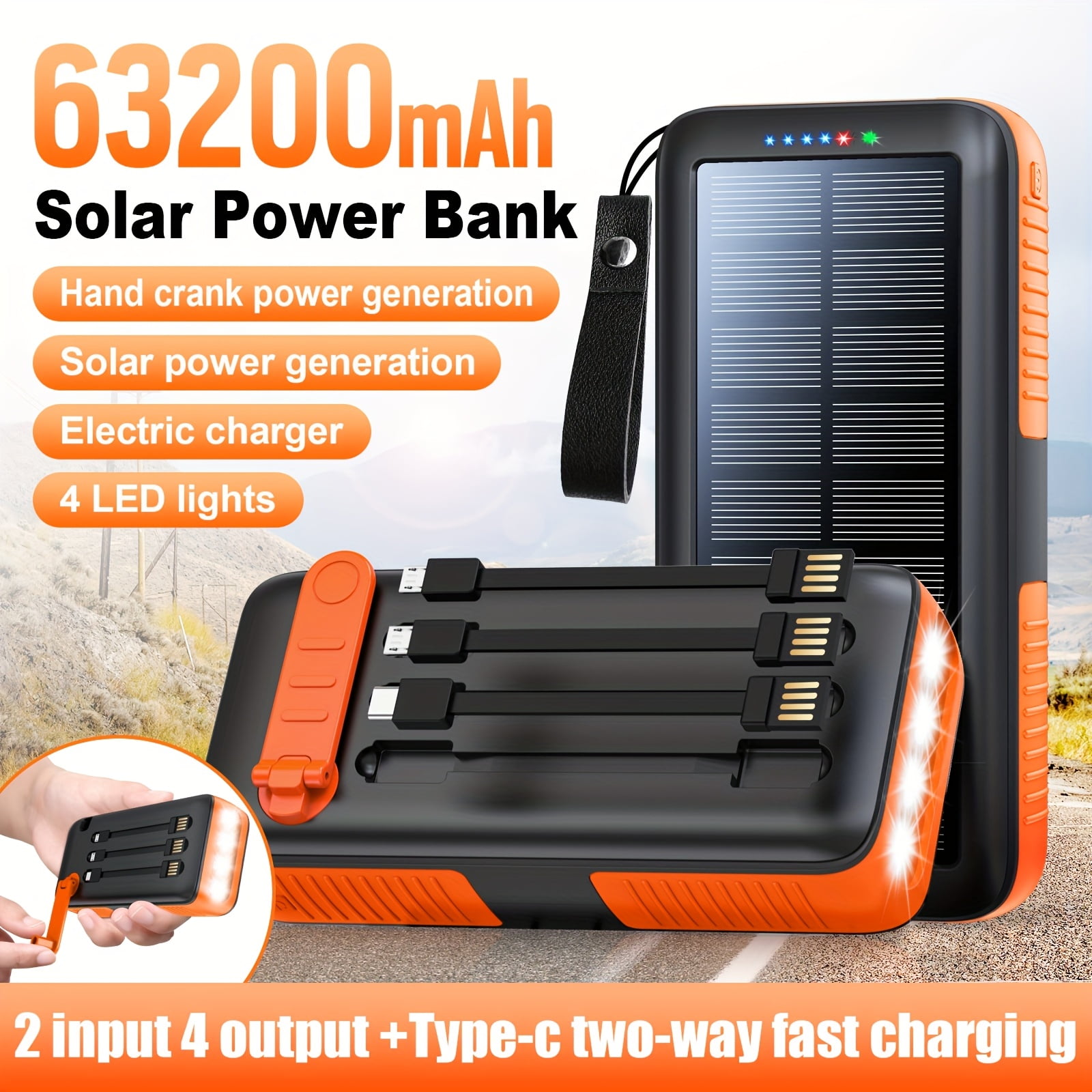 63200mAh Solar Charger Power Bank, Dual Input & Output, 4 LED ...