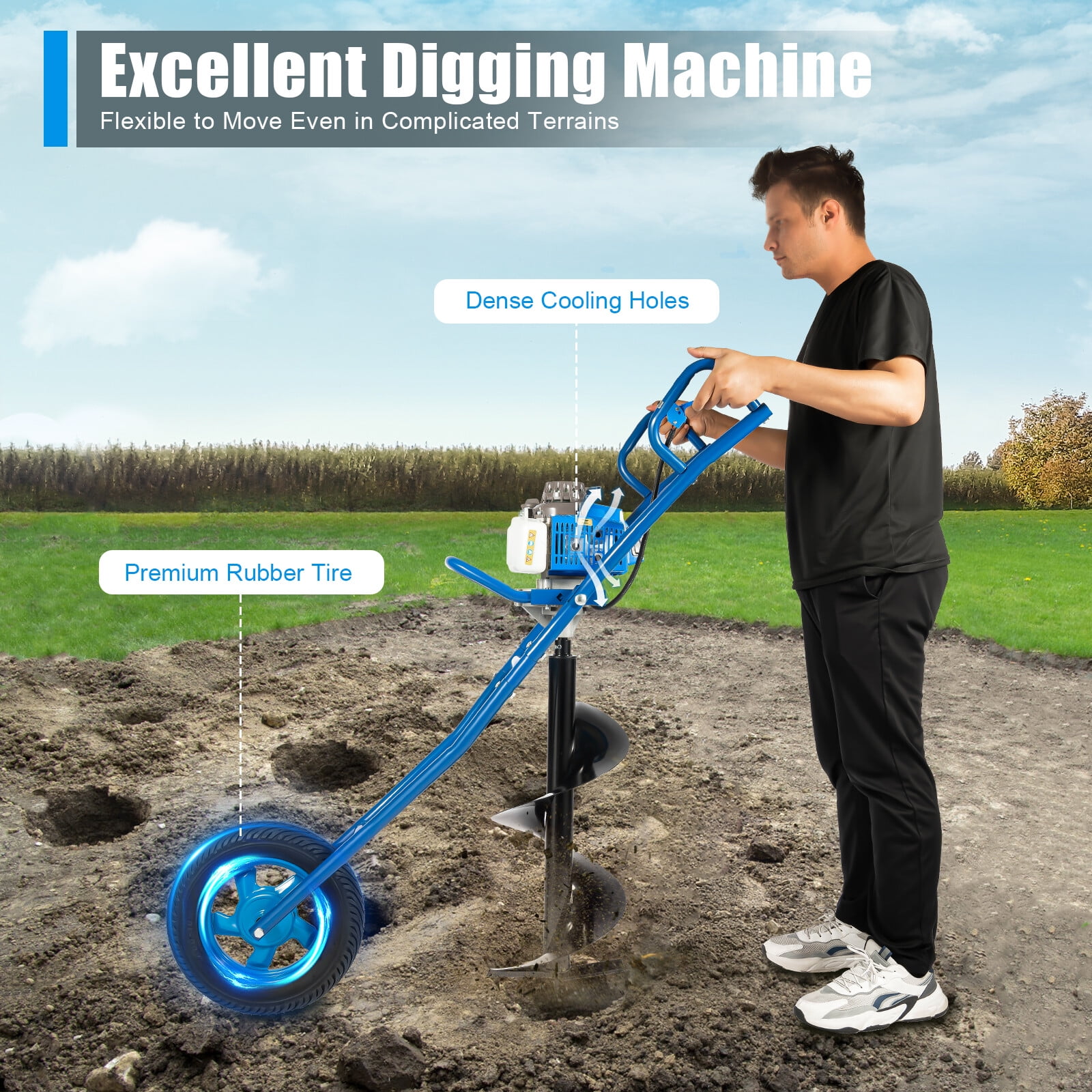 63CC 3hp Gas Powered Post Hole Digger Earth Auger Wheeled Ground Drill ...