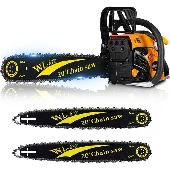 63CC Gas Powered Chainsaw 20 Inch, 2-Cycle Engine with 2 Chains & Bars ...