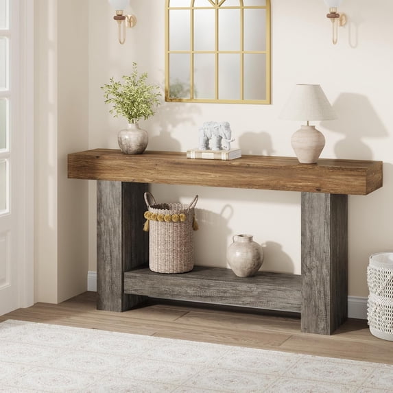 63In Farmhouse Console Table - 2-Tier Open Storage Sturdy Wooden ...