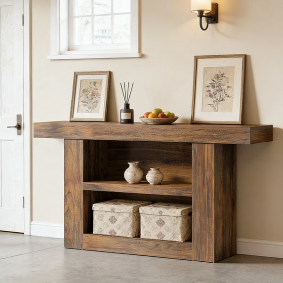 63In Farmhouse Console Table Rustic Brown Finish Solid Wood 3-Tier U ...