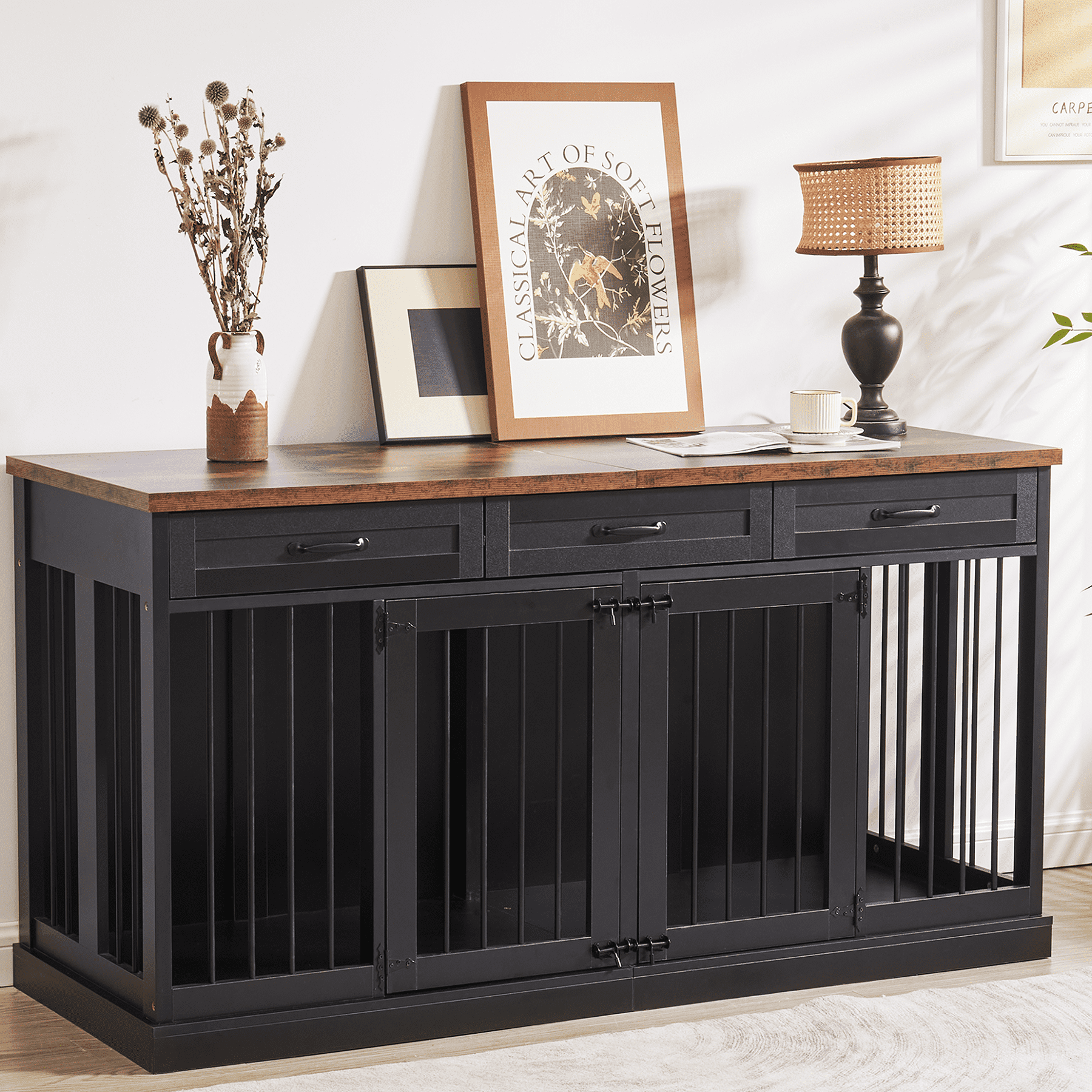 QUNTTINA 63'' Extra Large Double Dog Crate Furniture, with Divider and ...