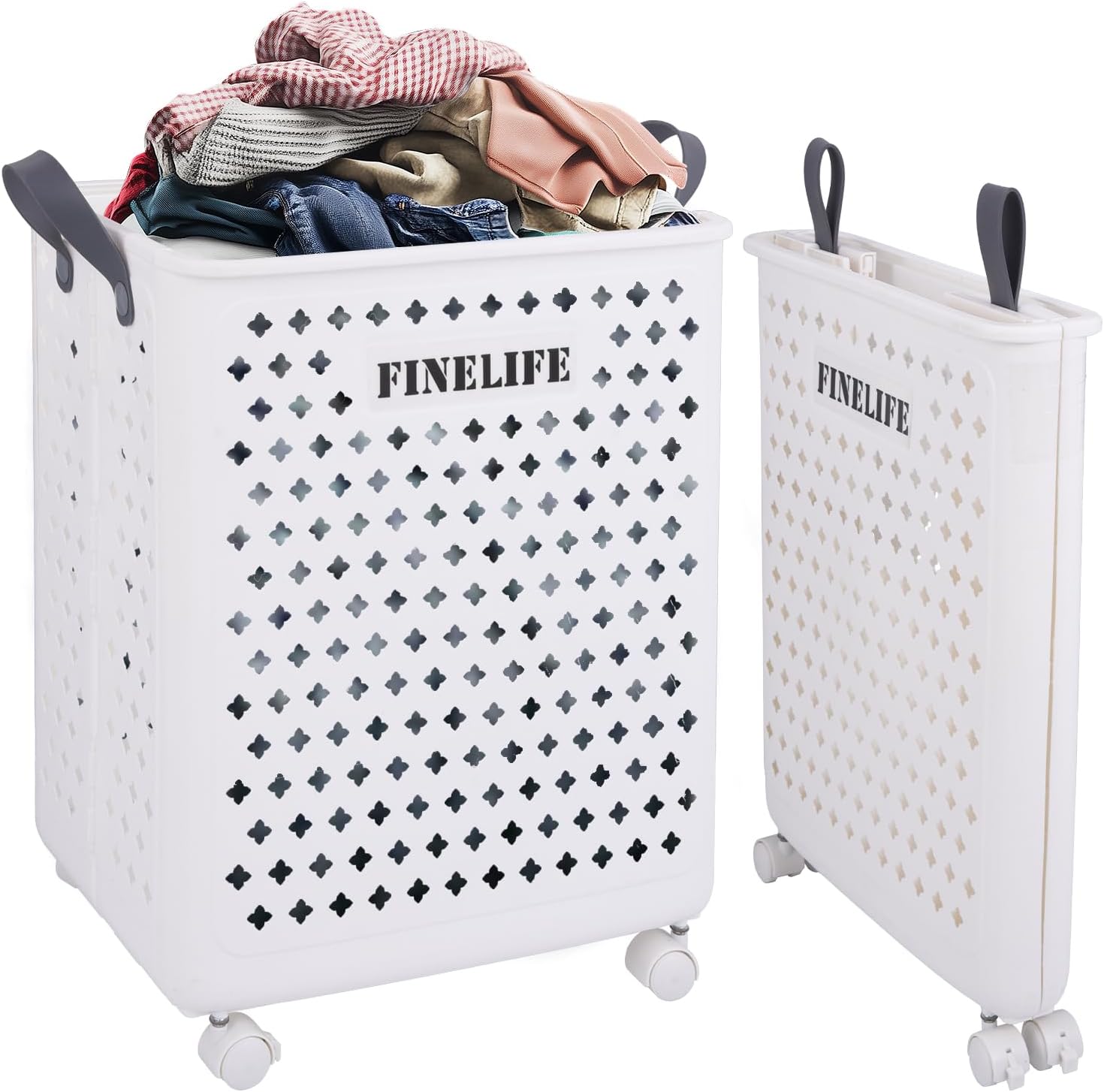 63L Collapsible Laundry Basket with Wheels and Handle, Plastic Foldable ...
