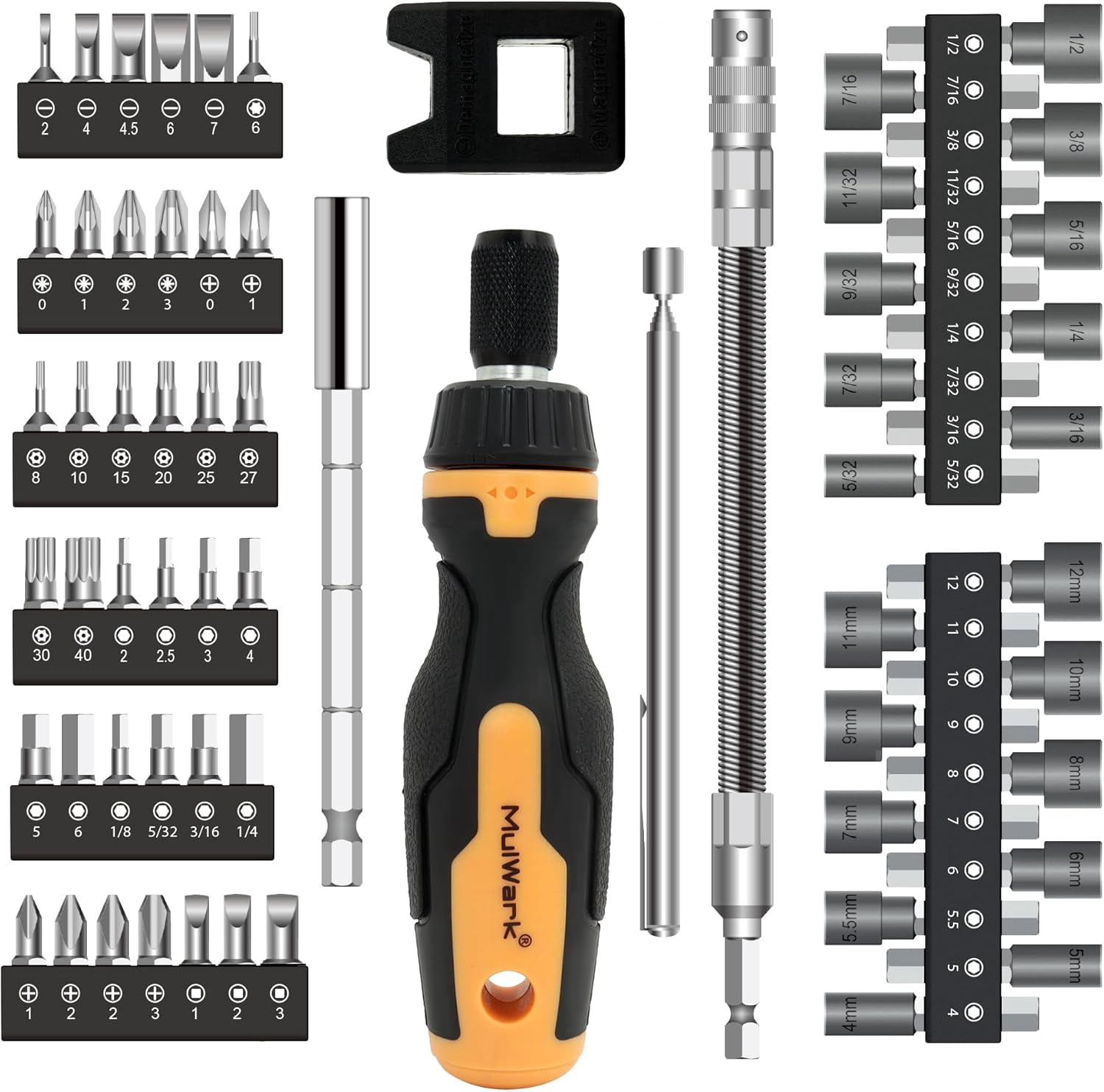 63PC Magnetic Ratcheting Screwdriver Bit Set – Multibit Screw Driver ...