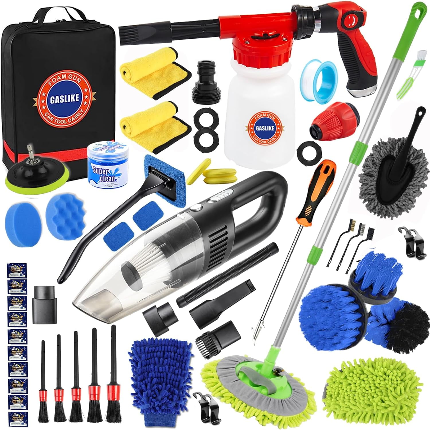 63PCS Car Wash Cleaning Kit,Car Wash Brush with Long Handle,Car Detailing Kit with Foam Gun,Car ...