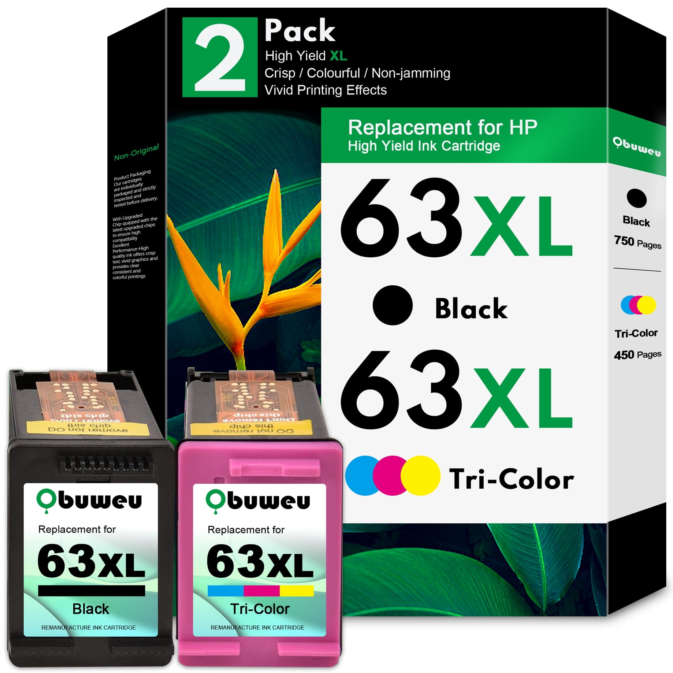 63XL Ink Cartridge 2-Pack Black and Tri-Color Compatible for HP 63 Ink ...
